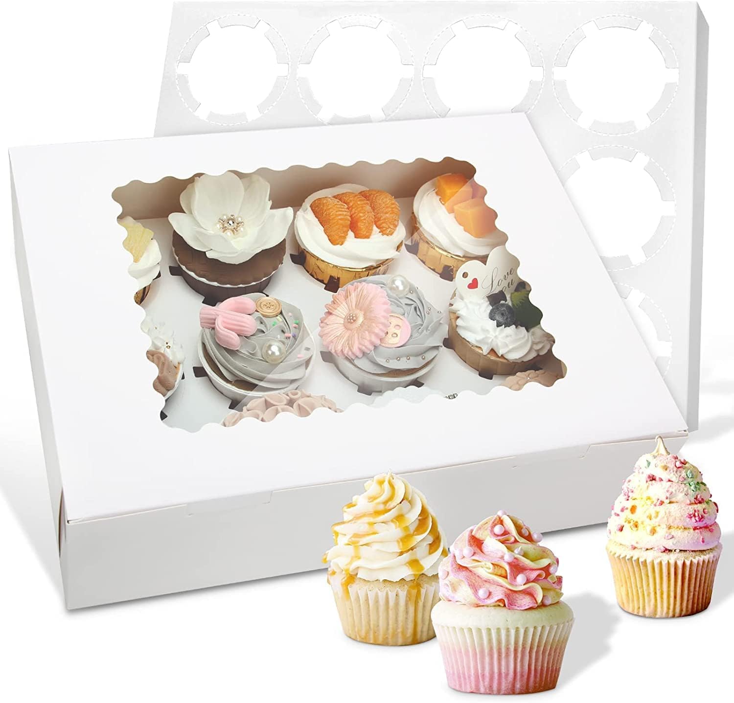 OMYOPY 6 Pack White Cupcake Boxes Cupcake Containers with Windows and Inserts, 12 Count Cupcake Bakery Carrier Boxes Treat Pastry Box for Birthday Holiday Party Bakery Supplies