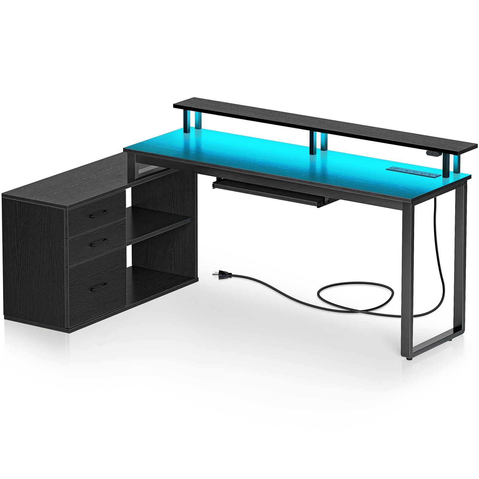 Rolanstar Computer Desk with Drawers and Power Outlet, White Reversible L Shaped Desk with LED Strip & Keyboard Tray, 55 Inch Home Office Corner Study Writing Table with Monitor Stand