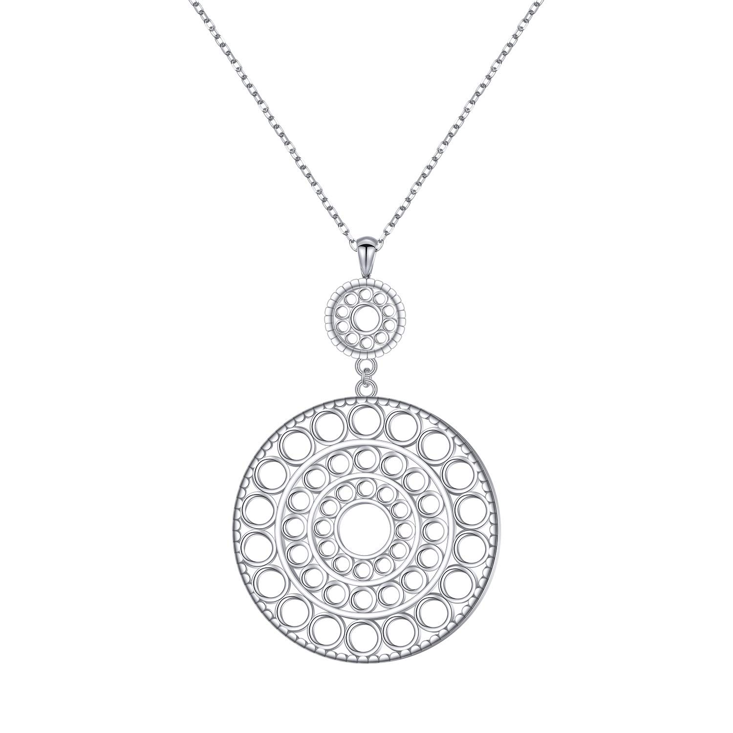 S925 Sterling Silver Long Chain Circle Necklace for Women Statement Pendant Fringe Sweater Necklaces Floral