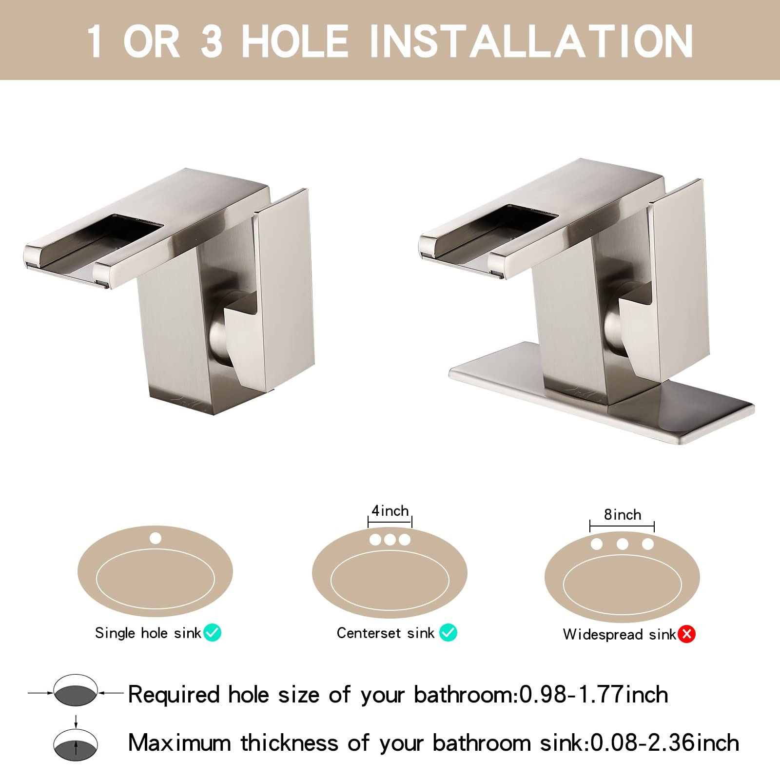 Skybathjoy LED Bathroom Sink Faucet Waterfall with Drian Assembly 1 Hole Brushed Nickel Single Hole Handle RV Bath Vanity Faucets for Sinks 1 Hole Water Supply Lines, Stainless Steel Spout