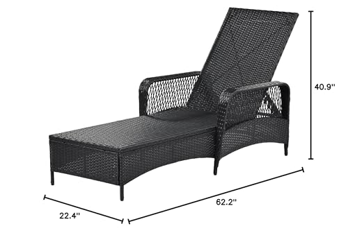 Patio Chaise Lounge Chair Outdoor Pool Beach, Brown PE Rattan Wicker Reclining Chair Djustable Backrest, Removable Cushion (Beige), Steel Frame Set of 2 (1)