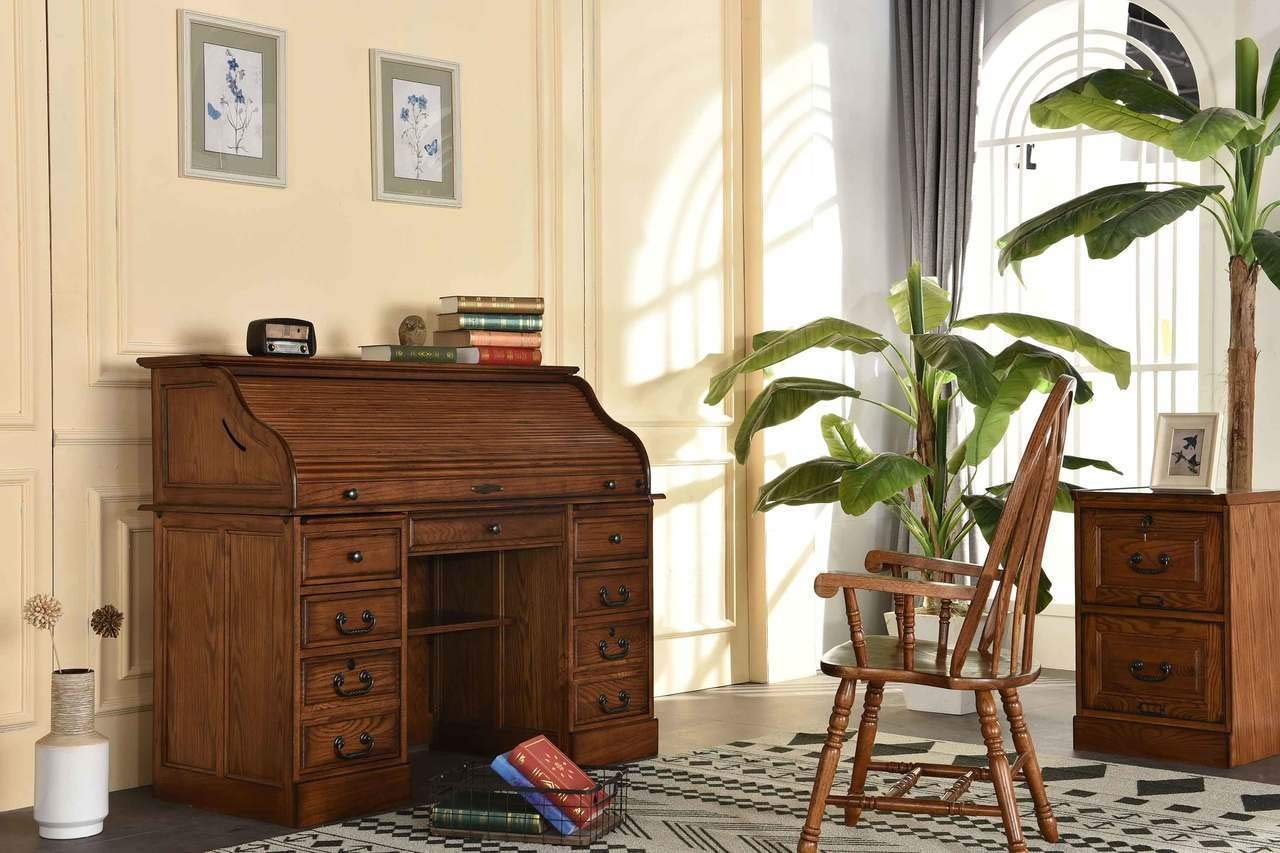 Roll Top Desk Solid Oak Wood - Executive Oak Desk 54"x24"x45" Home Office Secretary Organizer Roll Hutch Top Easy Assembly Quality Crafted Construction Locking File Drawers Dovetailed