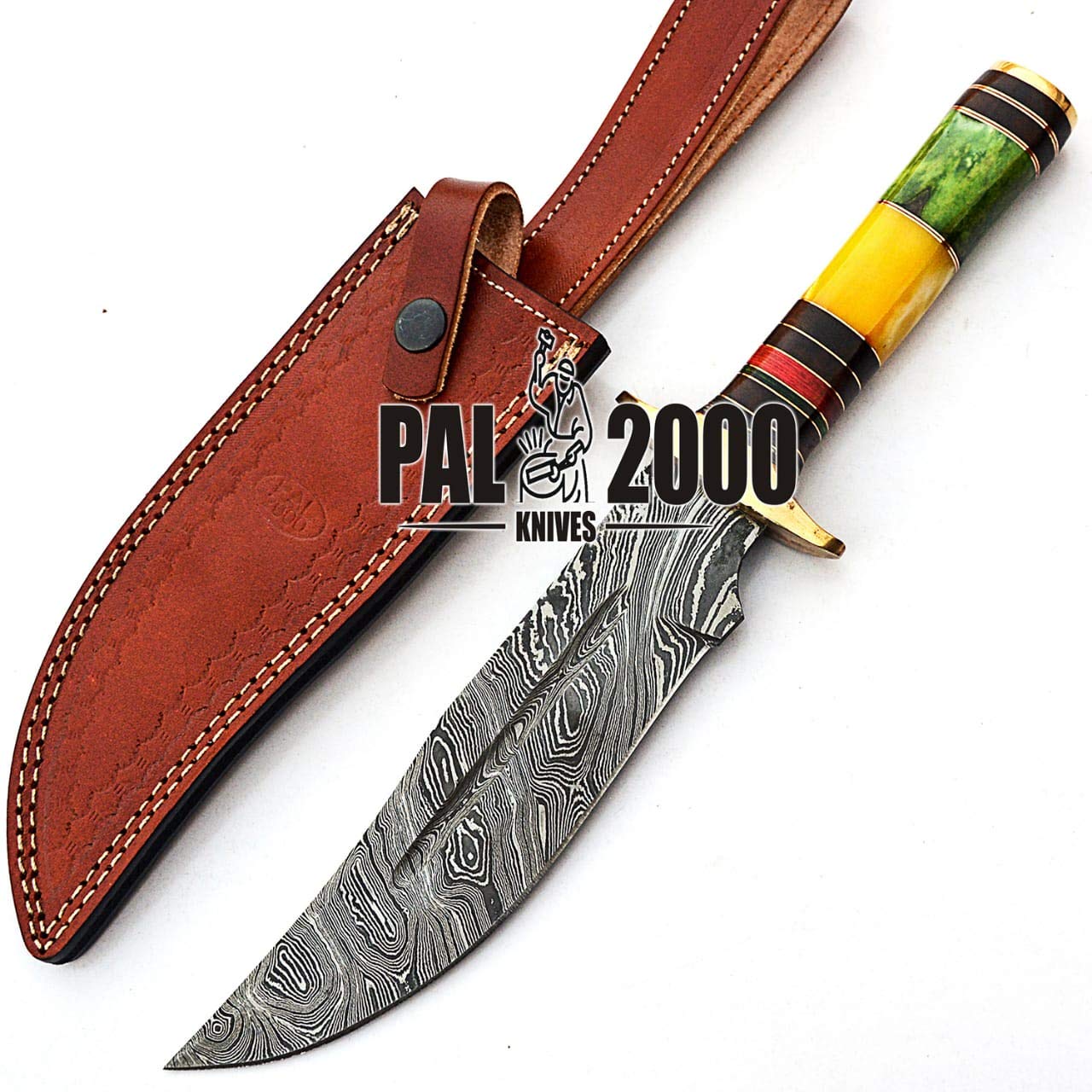 PAL 2000 KNIVES HUN-9314 Custom Handmade Damascus Steel Knife Colored Camel Bone Handle