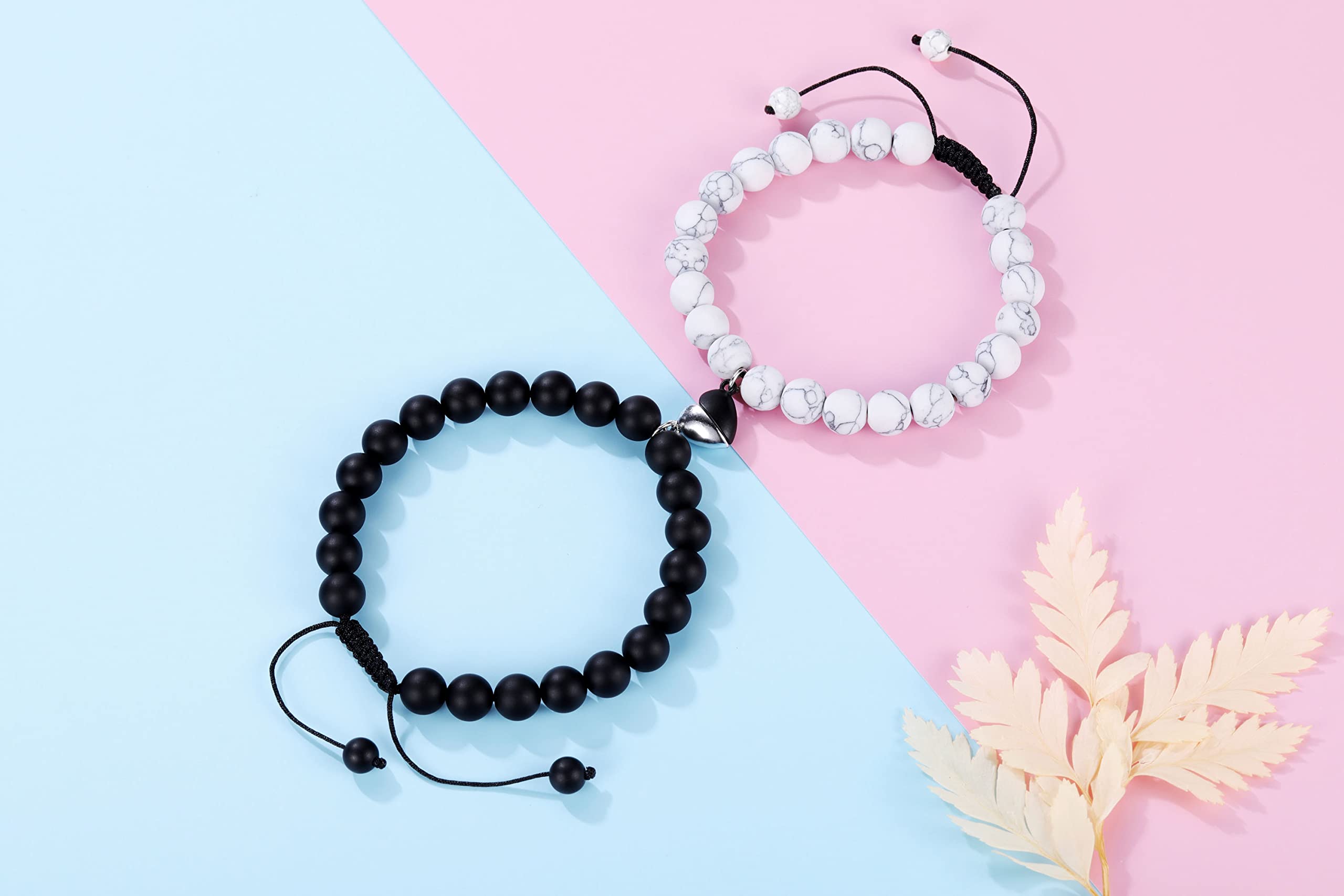 Top Plaza 2pcs Couples Bracelets Matching Heart Bracelets for Lover Healing Crystal Black Agate White Turquoise Bracelets for Couples Him & Her BF GF Valentine's Day Gifts