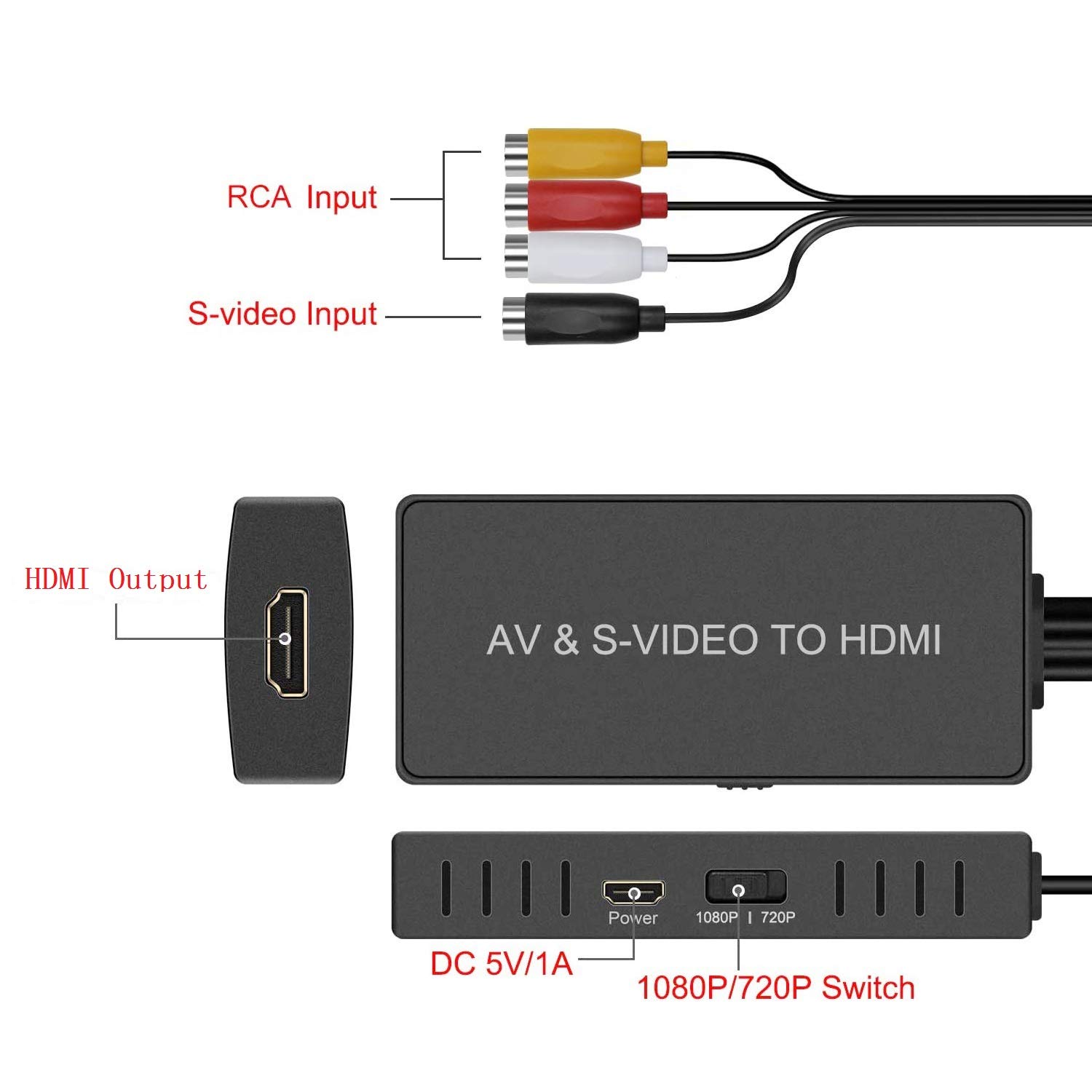RuiPuo S-Video and AV to HDMI Converter, PS2 HDMI Adapter, AV to HDMI Adapter Support 1080P, PAL/NTSC Compatible with WII, WII U, PS one, PS2, PS3, STB, Xbox, VHS, VCR, Blue-Ray DVD Players
