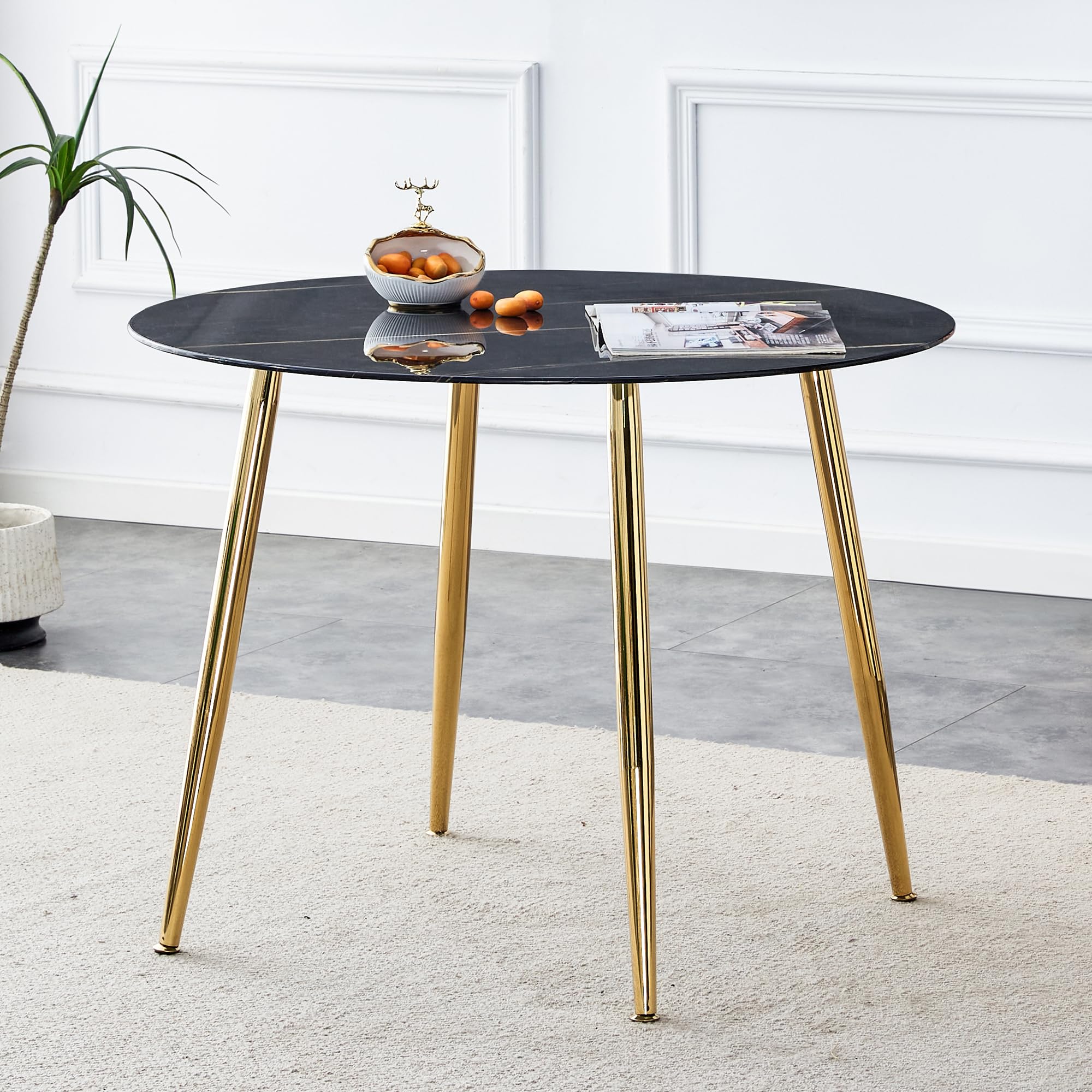 OUYESSIR 40'' Round Dining Table, Imitation Marble Craft Glass Kitchen Table with Black Metal Legs, Small Modern Table for Dining Room, Kitchen, Living Room, Cafe, Office