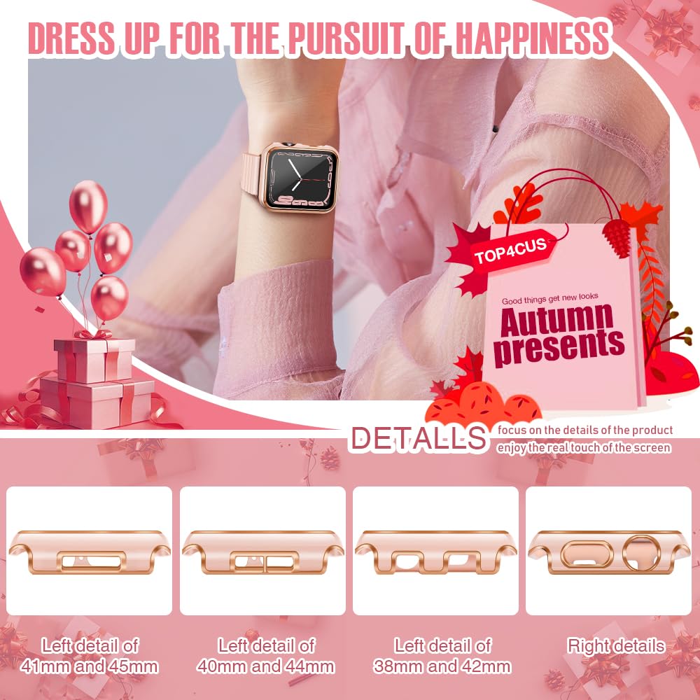 top4cus 38mm Case Compatible with Apple Watch, with Built-in Tempered Glass Screen Protector, PC Cover for iWatch Series 9/8/7/SE 2rd SE 6 5 4/3 2 for Choice (38mm, Pink + Rose Gold Edge)