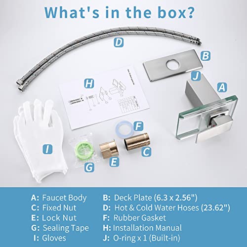 Y-Garhe LED Bathroom Sink Faucet - Brushed Nickel Single Hole or 4 Inch Centerset Waterfall Faucet with Glass Spout and Temperature-Sensitive LED Lights, Includes Deck Plate