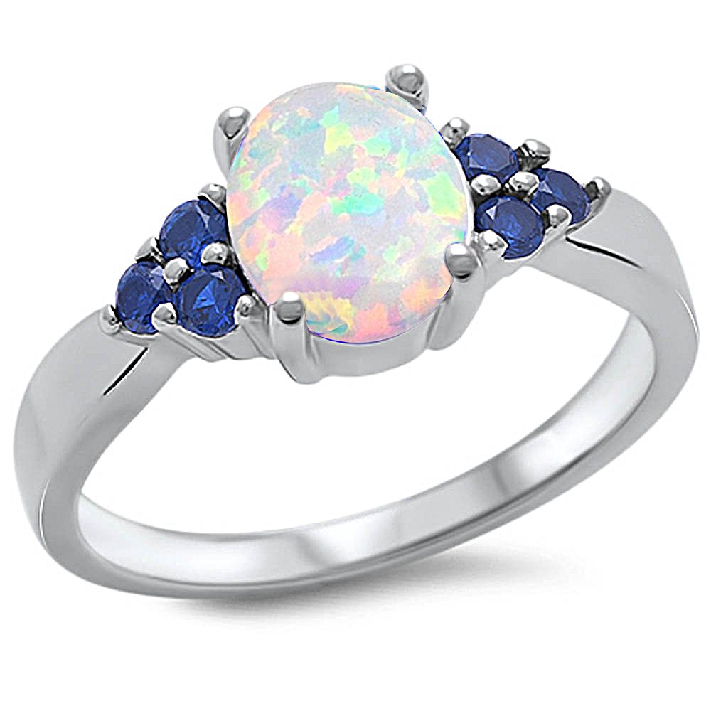 Oxford Diamond Co Lab Created White Opal & Blue Sapphire .925 Sterling Silver Ring Sizes 4-12 (6)