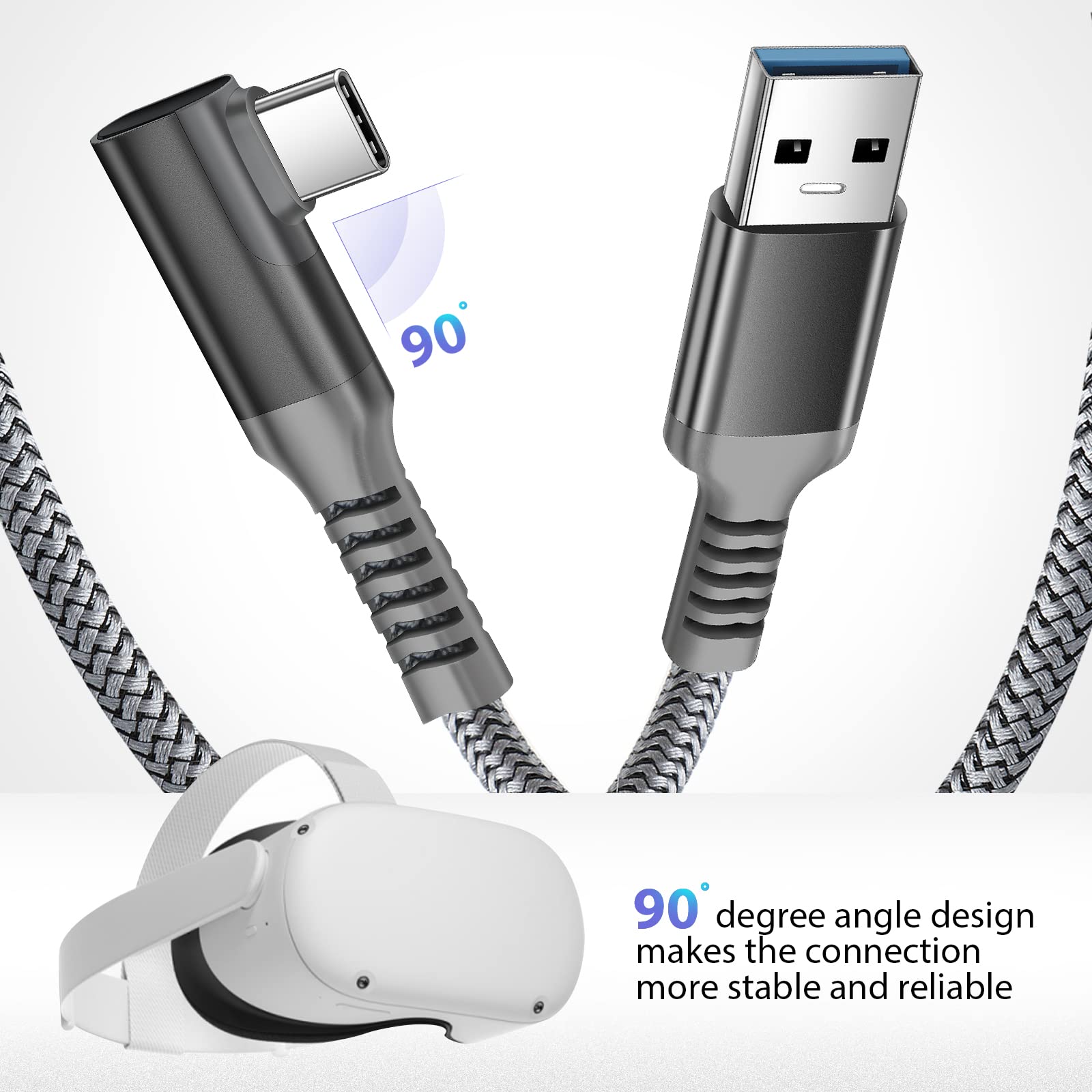 Xumee Link Cable 16ft Compatible with Meta/Oculus Quest 2, Nylon Braided 90 Degree Angle USB-A to USB-C Cable with 5Gbps High Speed Data Transfer for VR Headset and Gaming PC (A-C 16FT)