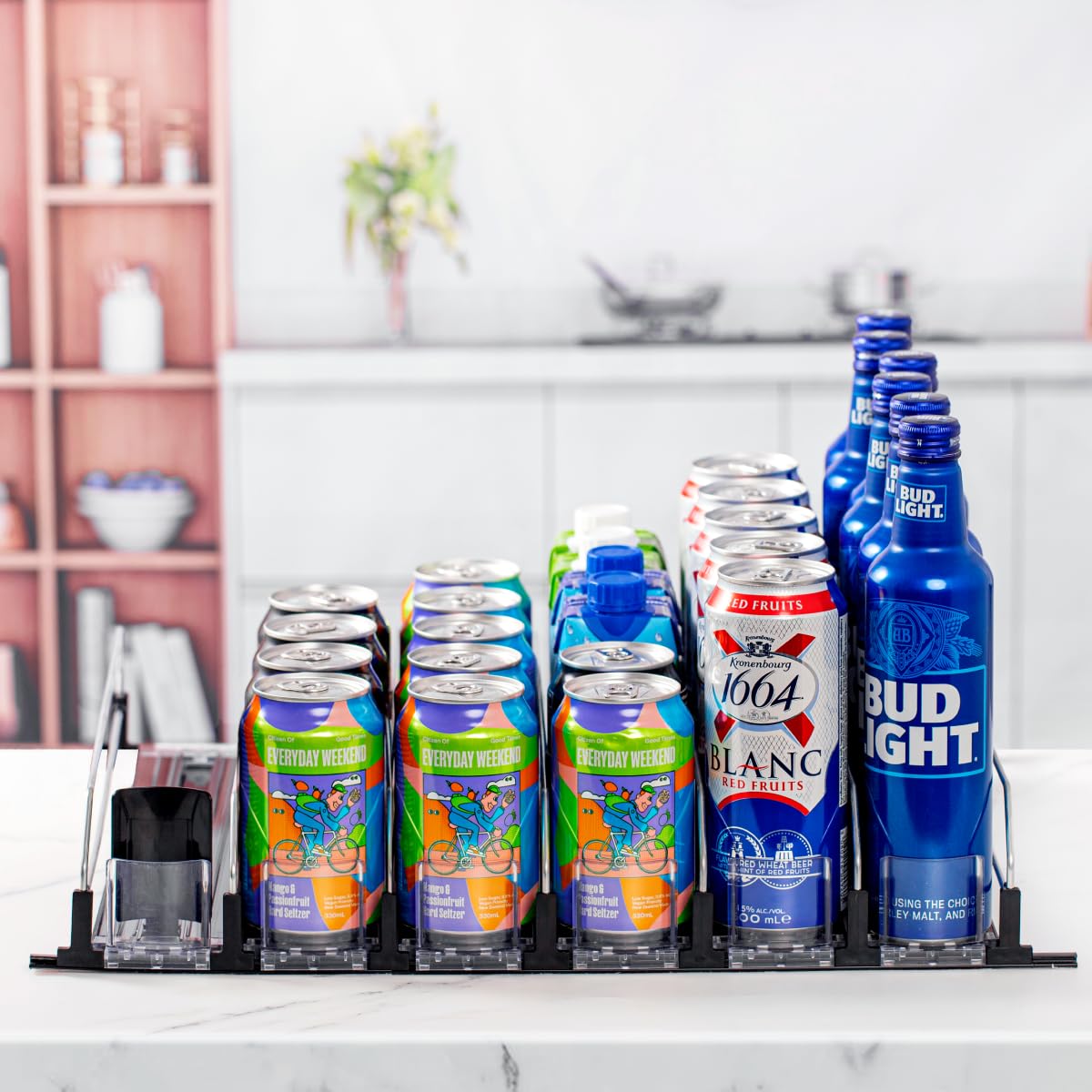 Rula Drink Organizer for Fridge, Self-Pushing Soda Can Dispenser for Mini Refrigerator, Width Adjustable Water Bottle Pusher Glide, Black, 4 Rows,12.2β D