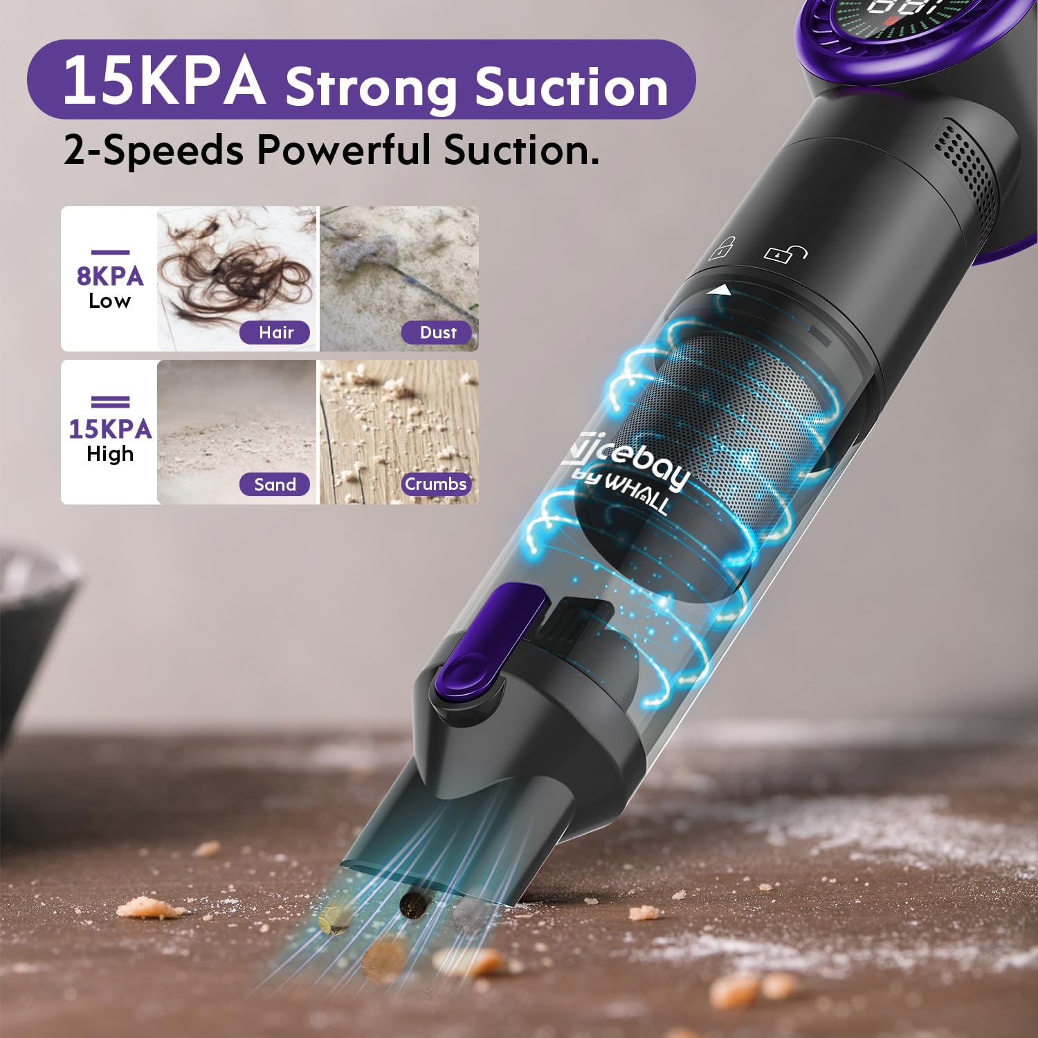 Nicebay Cordless Handheld Vacuum Cleaner, 15KPA Strong Suction Portable Hand Vacuum Cleaner, LED Display Car Vacuum Cleaner, Fast Charging Dock, Rechargeable Handheld Vacuum Purple