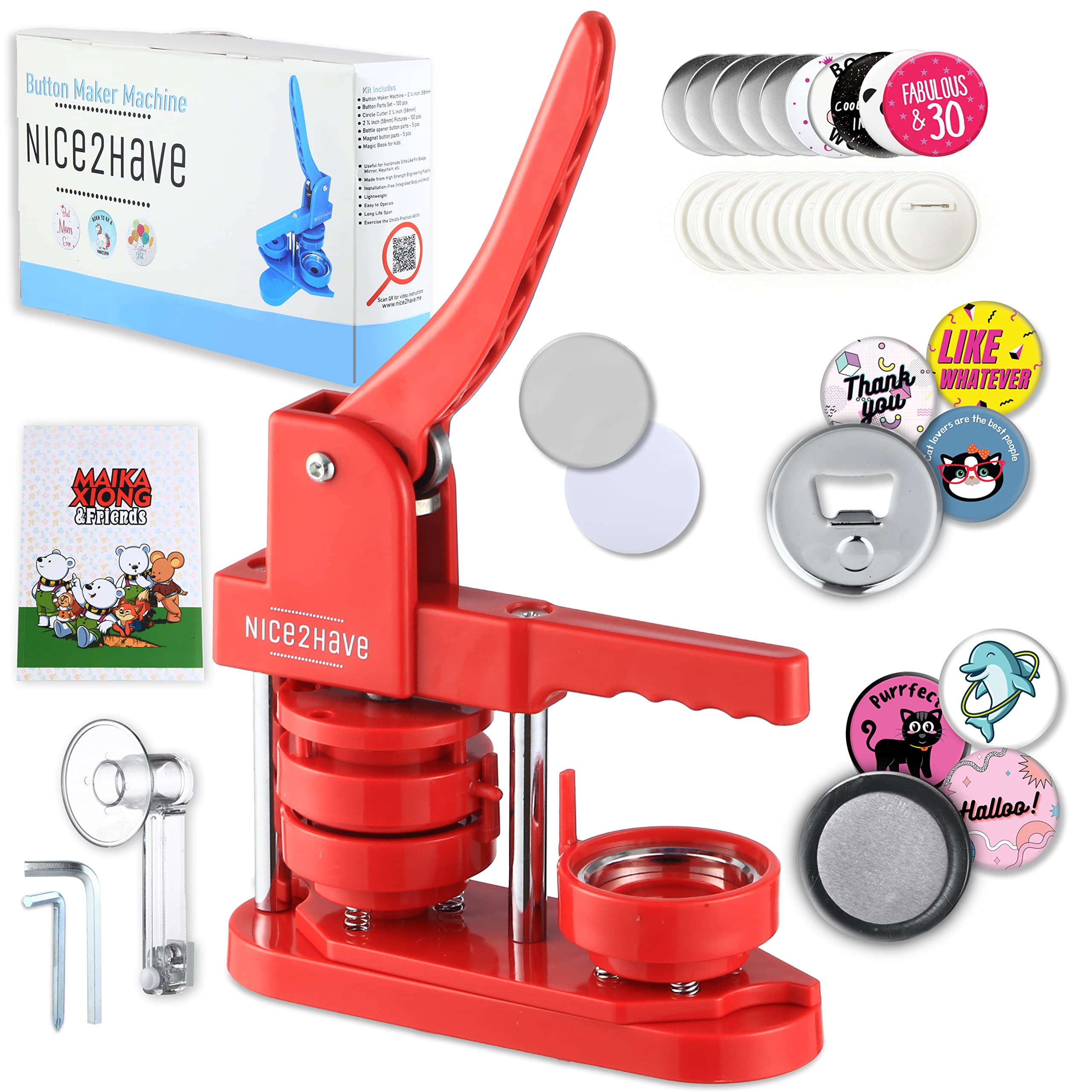 Nice2Have Button Maker Machine 2.25 inch (58mm) - (100pcs Buttons,5pcs Bottle Openers,5pcs Fridge Magnets, 500+ Free Designs,Circle Cutter&Magic Book&Paper) - Installation-Free Pin Maker Machine