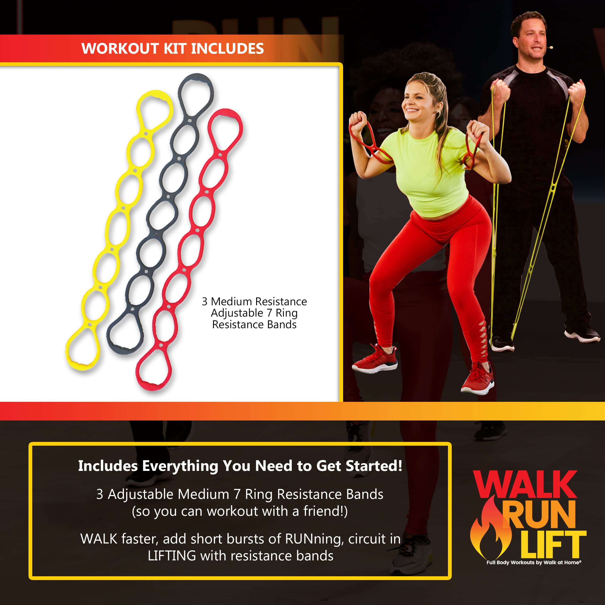Walk at Home Walk Run Lift Band Bag Bundle with 7 Ring Resistance Bands, Happy Walking Firm Band, 1 DVD (3 Workouts) and Drawstring Bag for Home Workout Walking Exercise