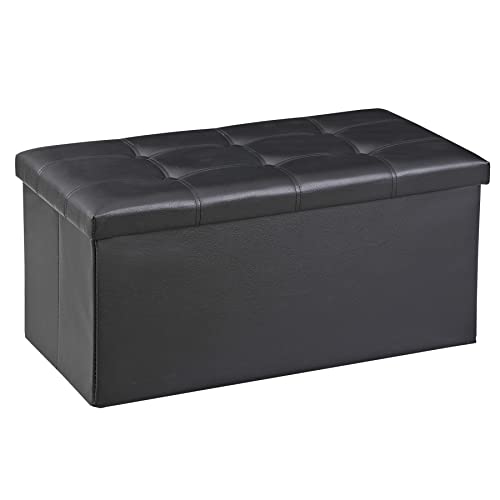 SUPER DEAL Leather Storage Ottoman Bench 30 Inches Folding Footrest with Padded Seat Large Toy Sotrage Chest Long Box for Livingroom Bedroom Entryway, 30"x15"x15", Black