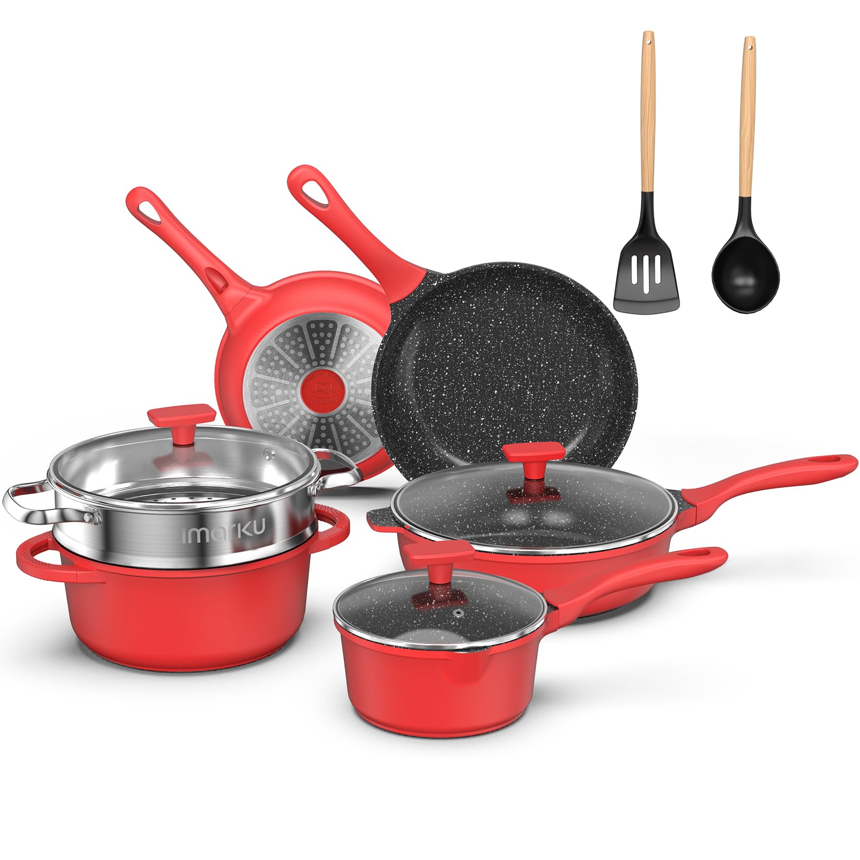 Pots and Pans Set, imarku 11 Pieces Nonstick Induction Kitchen Cookware Set, Toxic-Free Pans set for Cooking, with Frying Pan and Saucepan, Suitable for All Stoves, Ideal Kitchenware Gift, Red