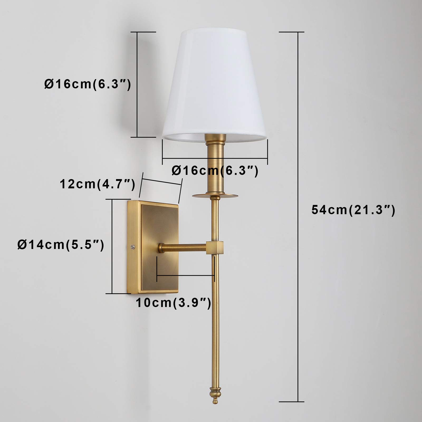 PERMO Set of 2 Classic Rustic Industrial Wall Sconce Lighting Fixture with Flared White Textile Lamp Shade and Antique Brass Tapered Column Stand