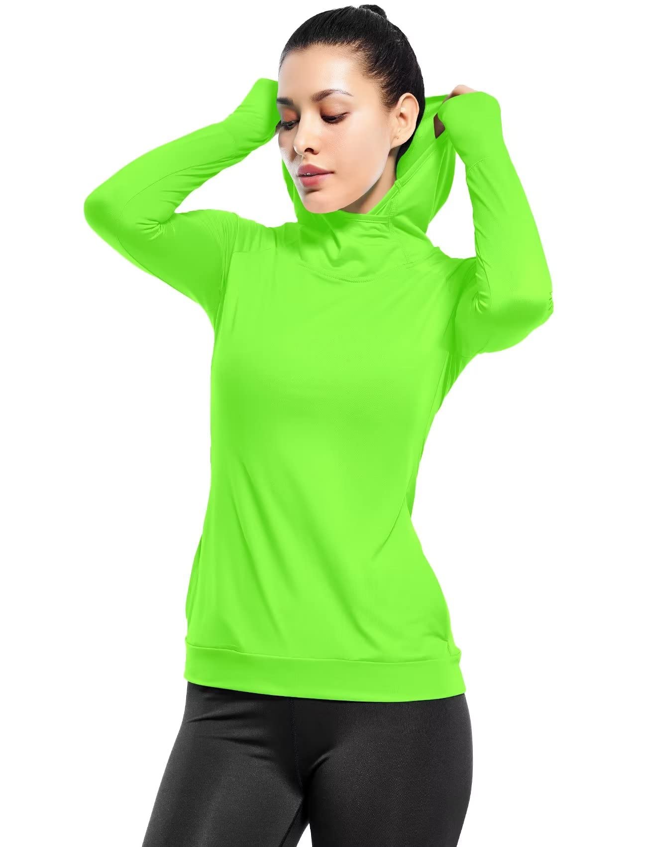 Zengjo Lightweight Hoodies for Women Running Yoga with Thumb Hole(Neon Green,S)