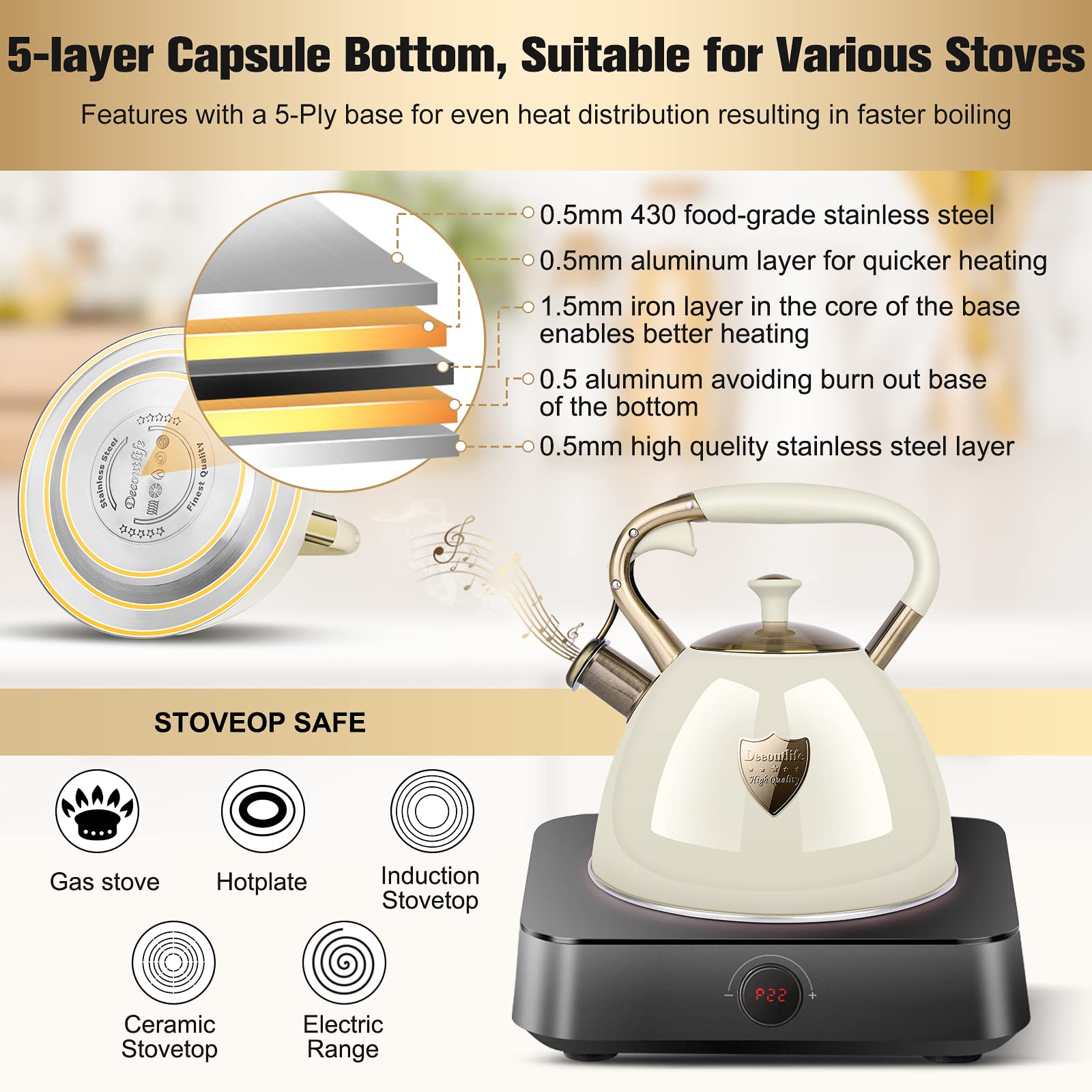Tea Kettle Stove Top 3.17Quart Modern Whistling Tea Kettle-Surgical 5 Layer Stainless Steel Teakettle Teapot with Cool Touch Ergonomic Handle Teapot - Pot For Stove Top (copper handle)