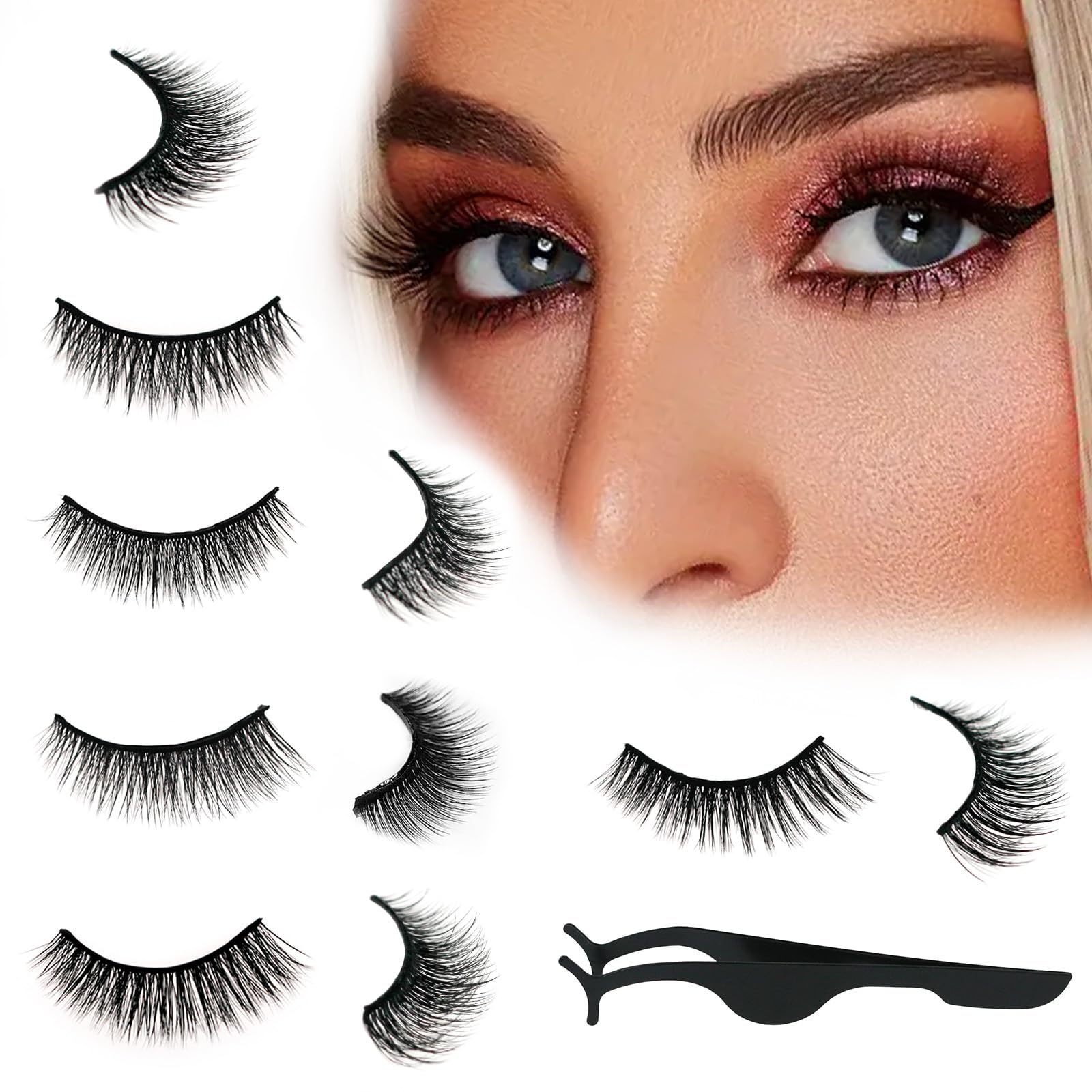Self Adhesive Eyelashes(5 Pairs), Reusable, Natural Look, Self Sticking No Glue Lashes for Women, Five Styles False Eyelashes Kit