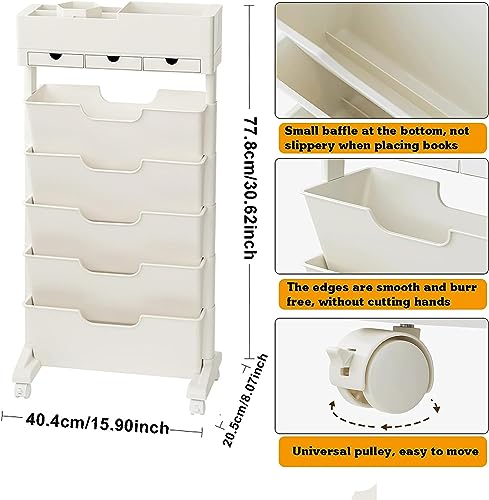 Rolling Cart Organizer, 6 Tier Mobile Bookshelf, 6 Tier Rolling Utility Cart, Multi-Functional Movable Storage Book Shelves with Lockable Casters for Study Office Kitchen Classroom (Color : 2)
