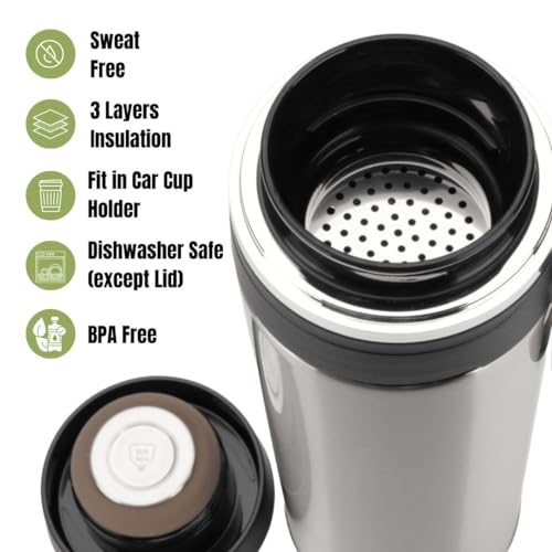 Tea Thermos with Infuser, 18 oz Stainless Steel Double Wall Insulated Ozizo Flask with Leakproof Lid