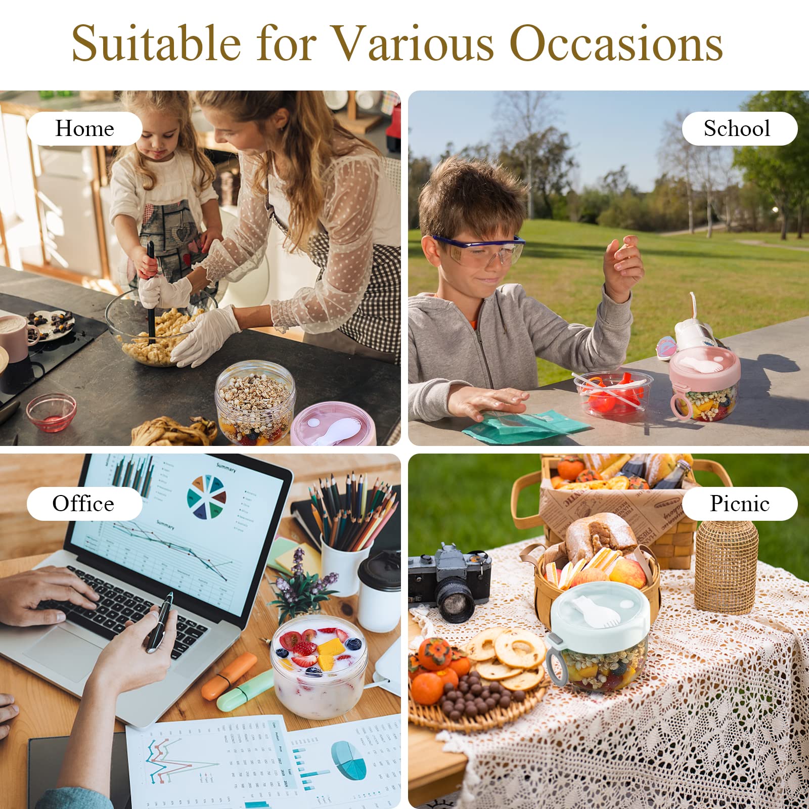Overnight Oat Containers with Lids and Spoons 2PCS, 20oz Portable Plastic Yogurt Jars, Leak-proof Large Capacity Dessert Cups for Yogurt Breakfast On The Go Cups, Oatmeal Jars Snack Containers