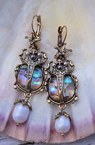NorthStar Pearls and Jewelry Earrings Scarab Bug Beetle Dangle Drop Earrings Vintage Gold-tone Simulated Abalone. Statement earrings, big earrings