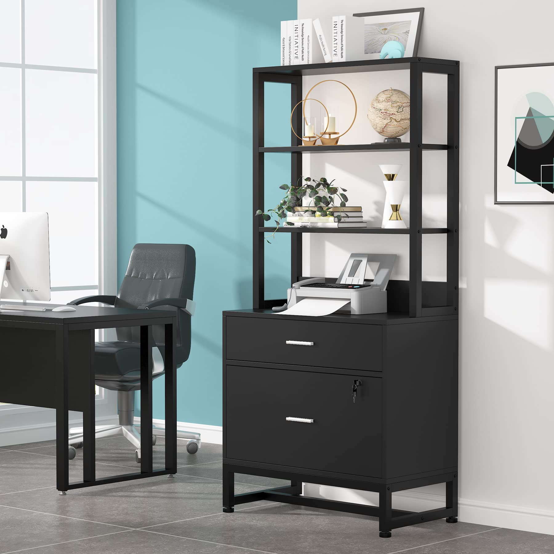 Tribesigns 2 Drawer Vertical File Cabinet with Lock & Bookshelf, Letter Size Large Modern Filing Cabinet Printer Stand with Open Storage Shelves for Home Office, Black
