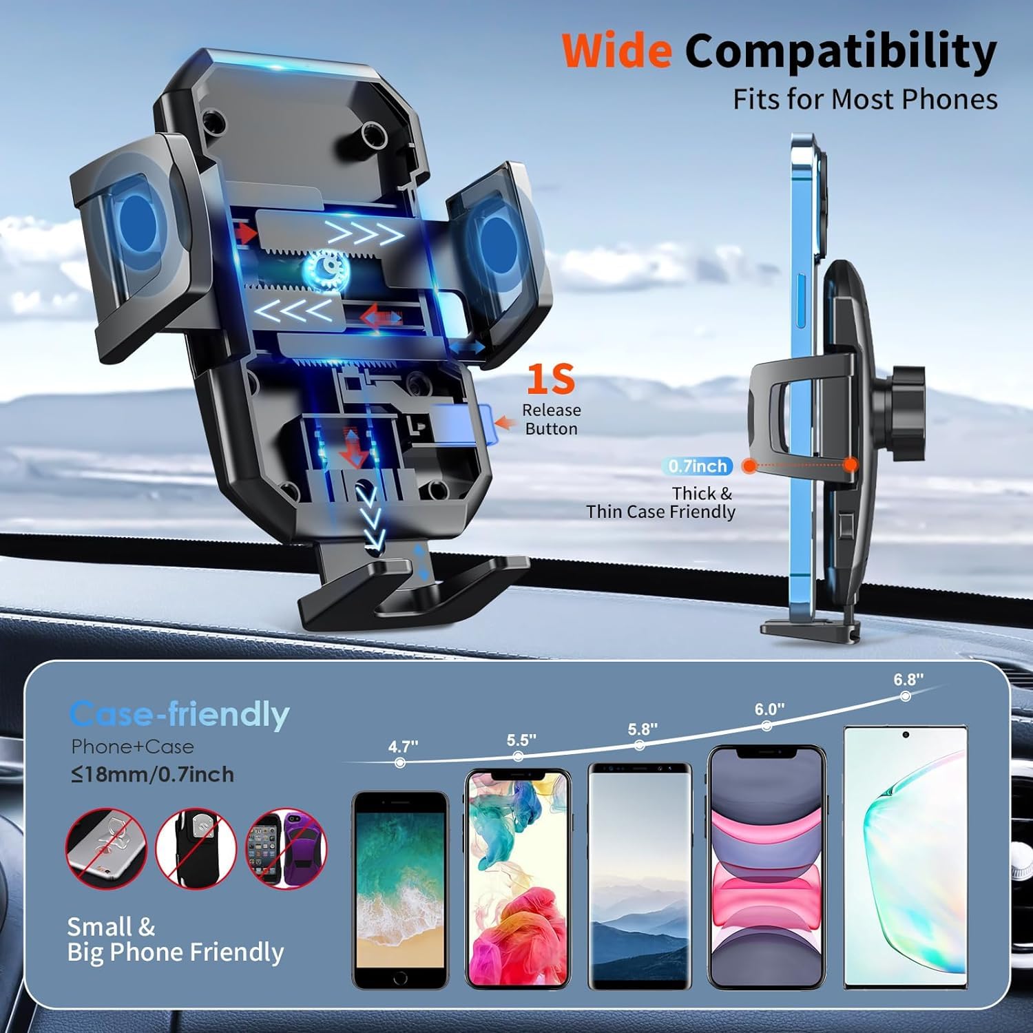 SUUSON Car Phone Holder Mount [Upgraded]-[Bumpy Roads Friendly] Phone Mount for Car Dashboard Windshield Air Vent 3 in 1,Hand Free Mount for iPhone 15 14 13 Pro Max Samsung All Cell Phones (Black)