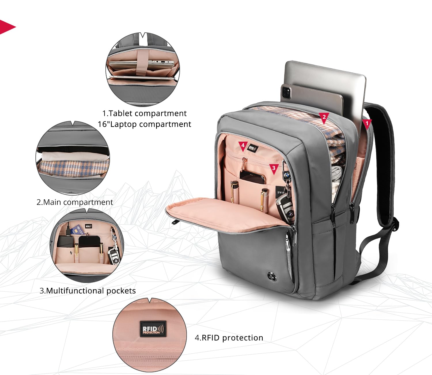 Swissdigital Design Laptop Backpack For Women,College Bookbags With USB Charging Port,Large Capacity Computer Backpacks For Work Business Grey(Katy Rose SD1006F-02)