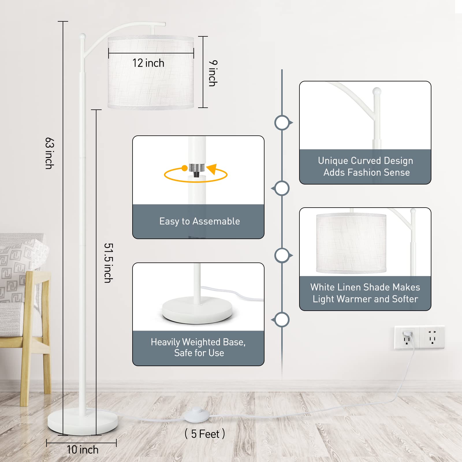 OUTON Arc Floor Lamp with Remote Control, LED Dimmable Modern Lamp with 4 Color Temperatures, Tall Standing Reading Lamp with Adjustable White Linen Shade for Living Room, Bedroom, Office, White