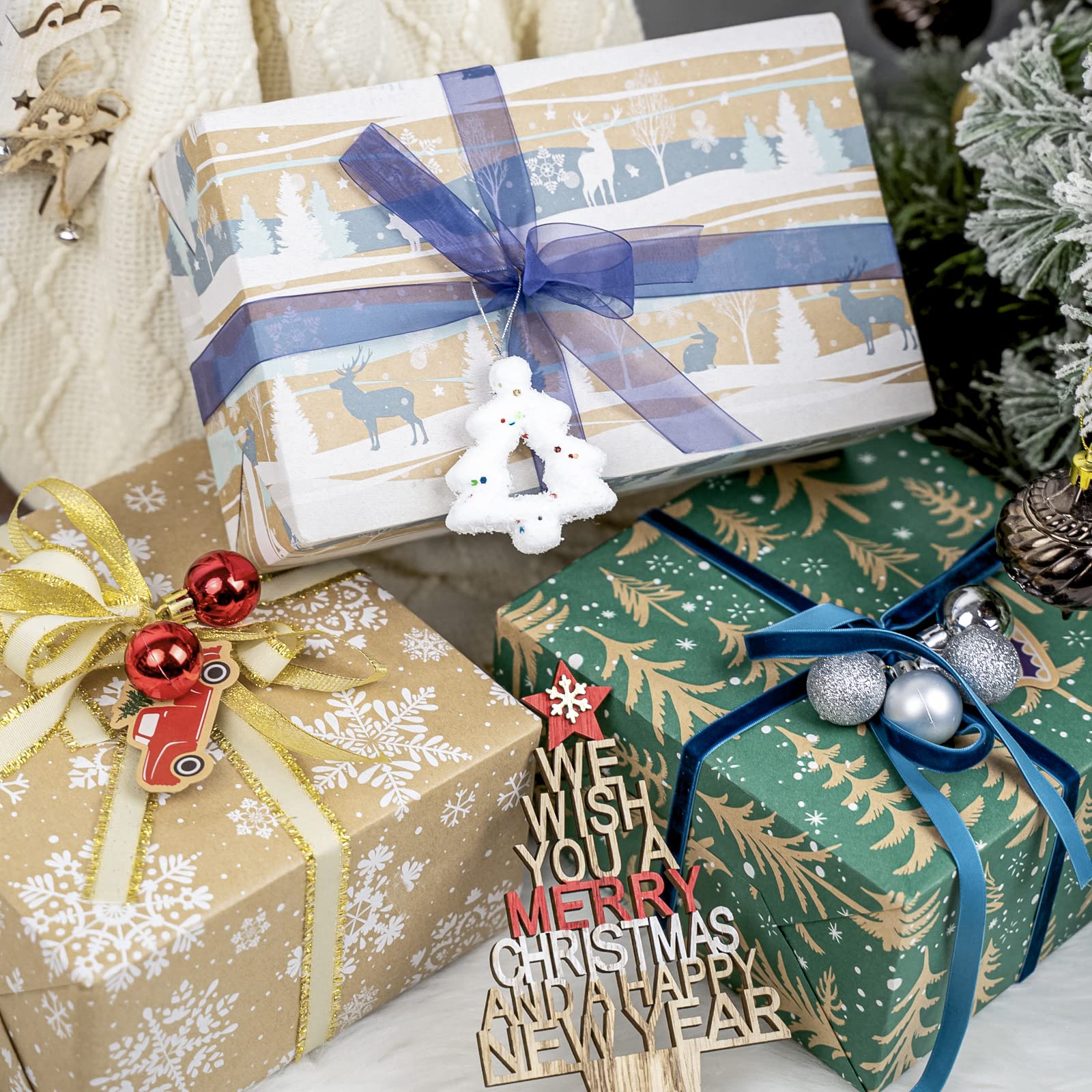 RUSPEPA Christmas Wrapping Paper Rolls with Tags and Jute String - 17 inches x 10 feet per Roll, Total of 3 Rolls