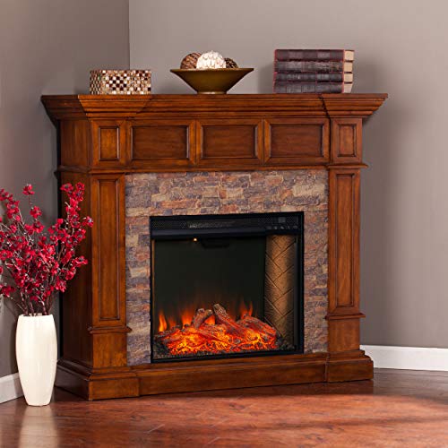 SEI Furniture Merrimack Faux Stone Convertible Alexa-Enabled Electric Corner Fireplace, Buckeye Oak
