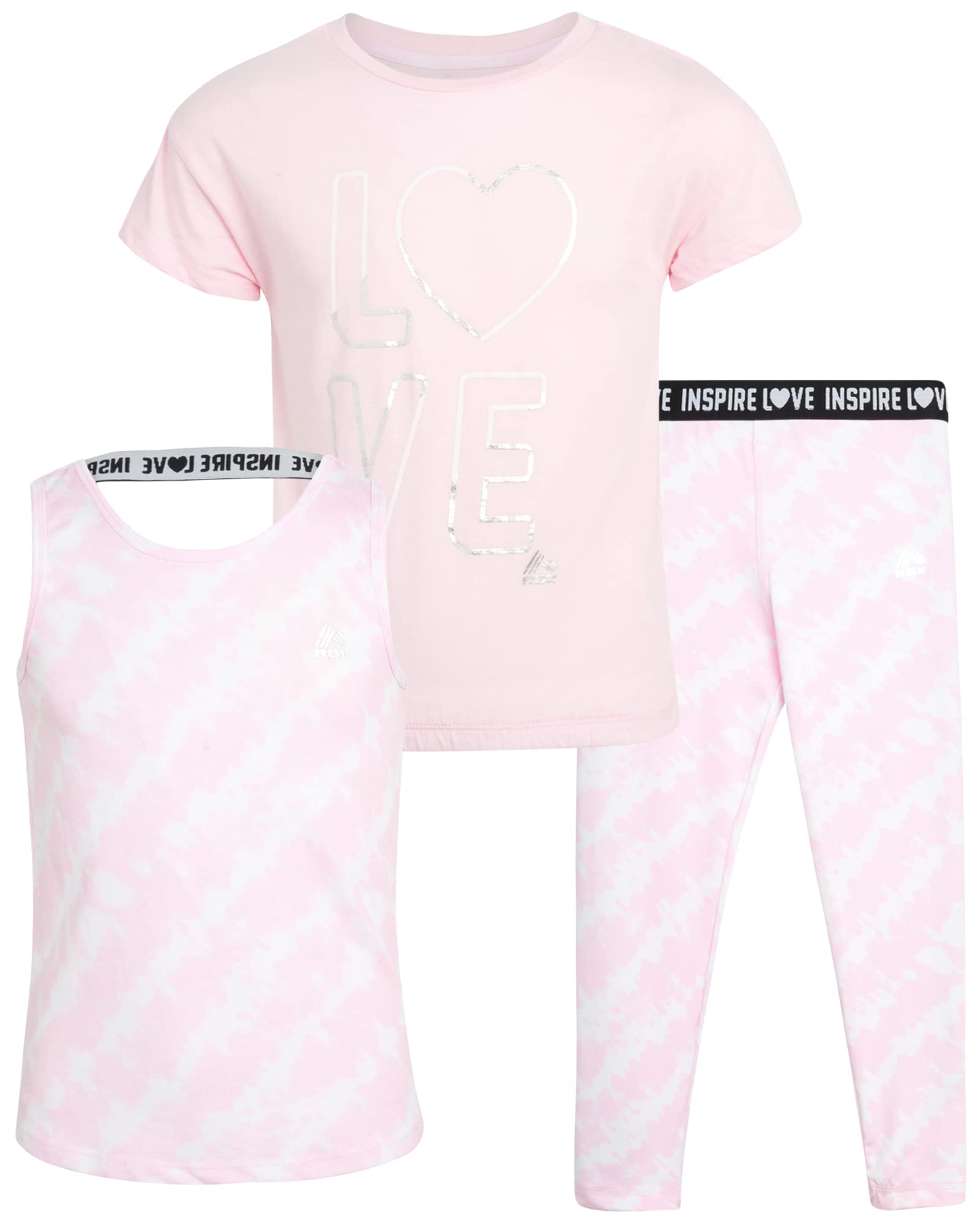 RBX Girls' Activewear Set - Short Sleeve Performance T-Shirt, Tank Top, and Capri Leggings (4-12), Size 10/12, Love Multi