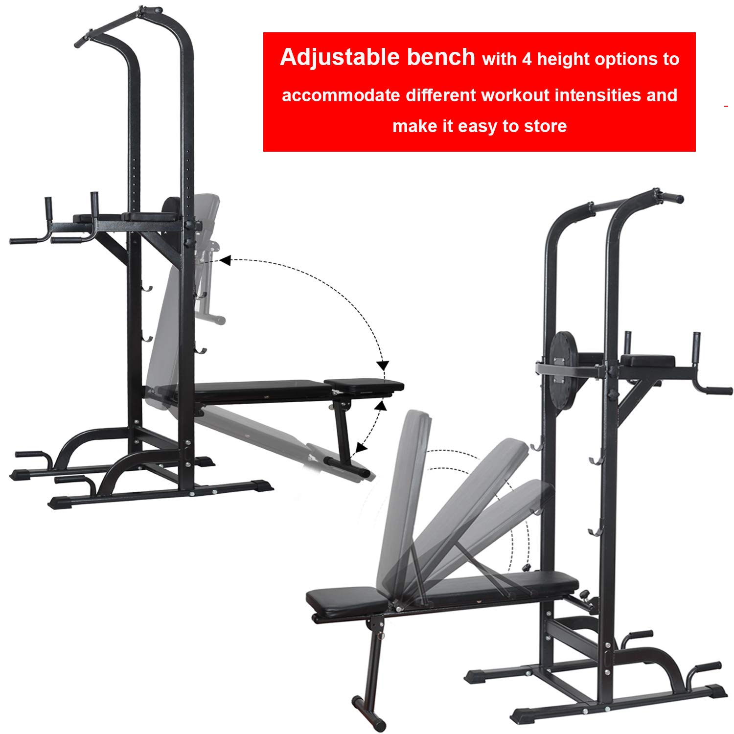 Power Tower Dip Station High Capacity 800lbs w/Weight Sit Up Bench Adjustable Height Heavy Duty Steel Multi-Function Fitness Pull Up Chin Up Tower Equipment for Home Office Gym Dip Stands (Black)