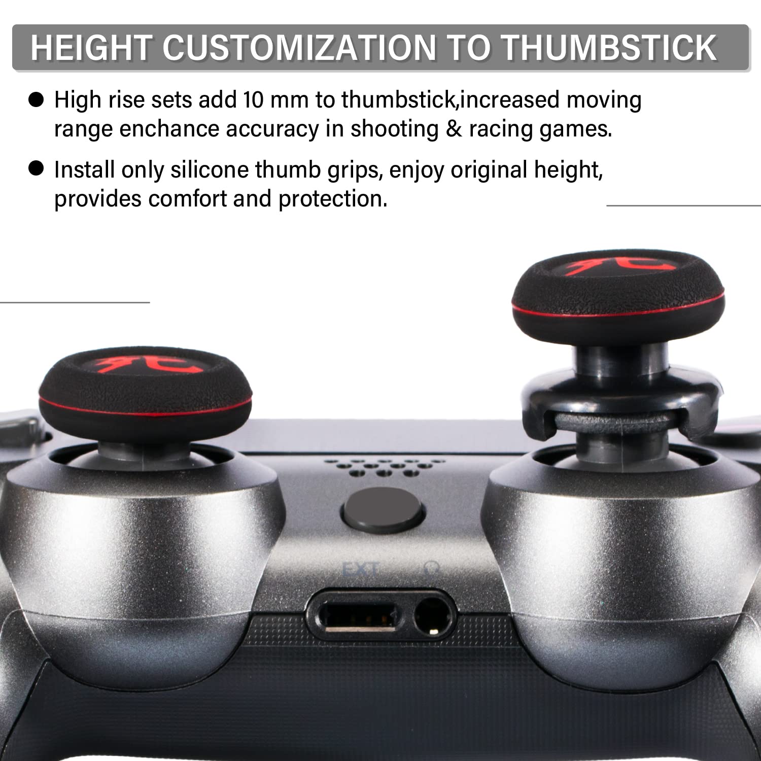 Playrealm FPS Thumbstick Extender & Printing Rubber Silicone Grip Cover 2 Sets for PS5 Dualsenese & PS4 Controller (Death of Kanji)
