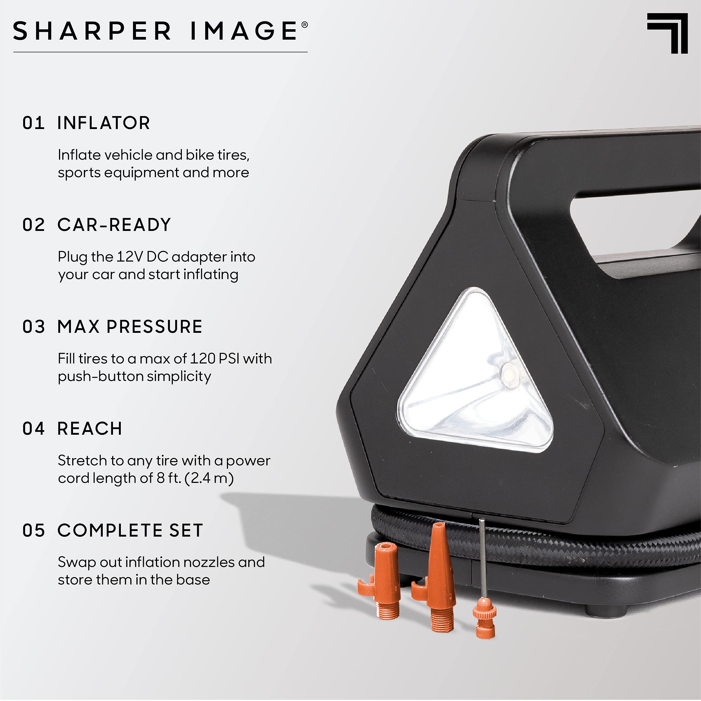 SHARPER IMAGE DC 12V Car Air Compressor With Built-in LED Light, 8 Foot Cord, 120 PSI Max, Includes 3 Nozzle Attachments, Car & Bike Tires, Quick Inflator For Balls Wheels and More