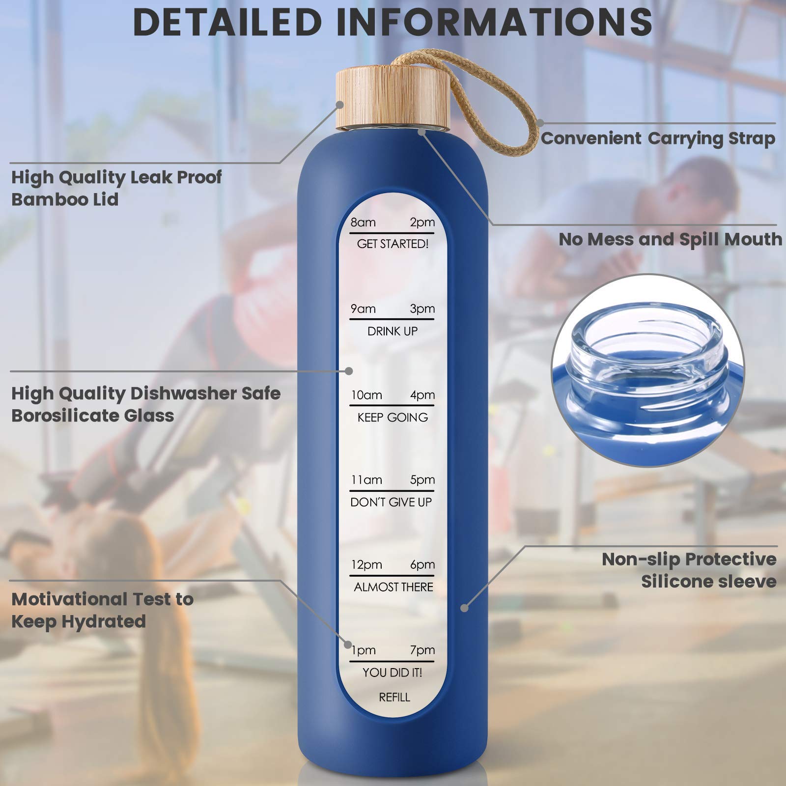 PROBTTL 32 Oz Borosilicate Glass Water Bottle with Time Marker Reminder Quotes, Leak Proof Reusable BPA Free Motivational Water Bottles with Silicone Sleeve and Bamboo Lid