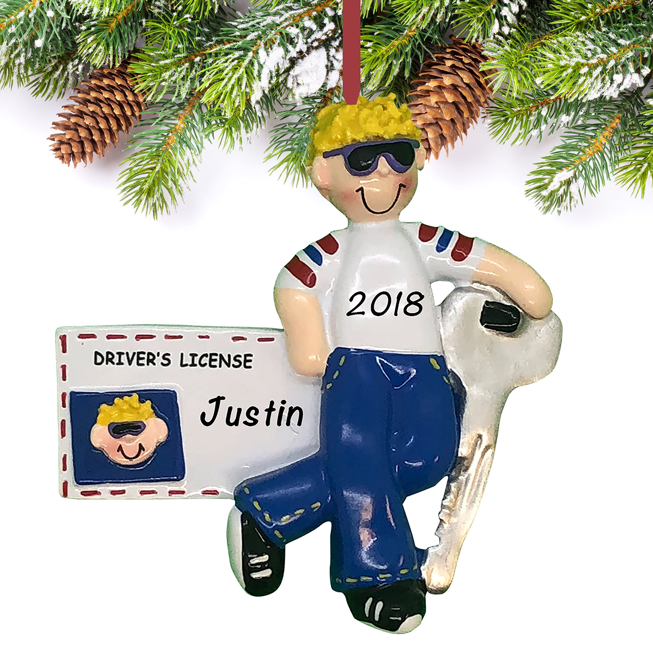 Personalized New Driver Christmas Ornaments 2023 - Fast & Free 24h Customization β Driver's License and Car Key for Boy Blonde Christmas Decorations with Name - Comes Gift-Wrapped