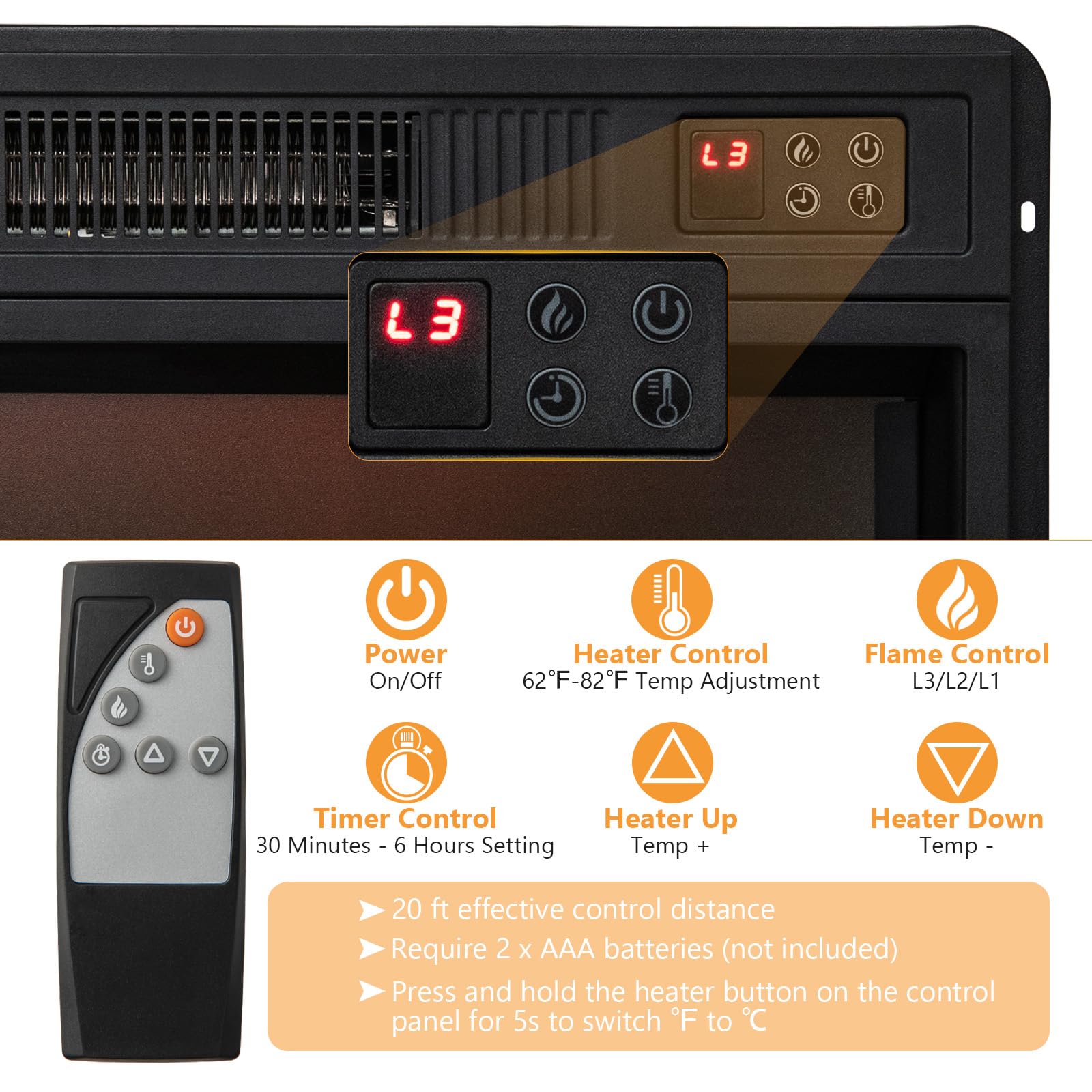 Tangkula Fireplace TV Stand for TVs Up to 65 Inch, Electric Fireplace TV Console w/Remote Control, Overheat Protection, 3-Level Adjustable Brightness, TV Entertainment Center w/23β Fireplace