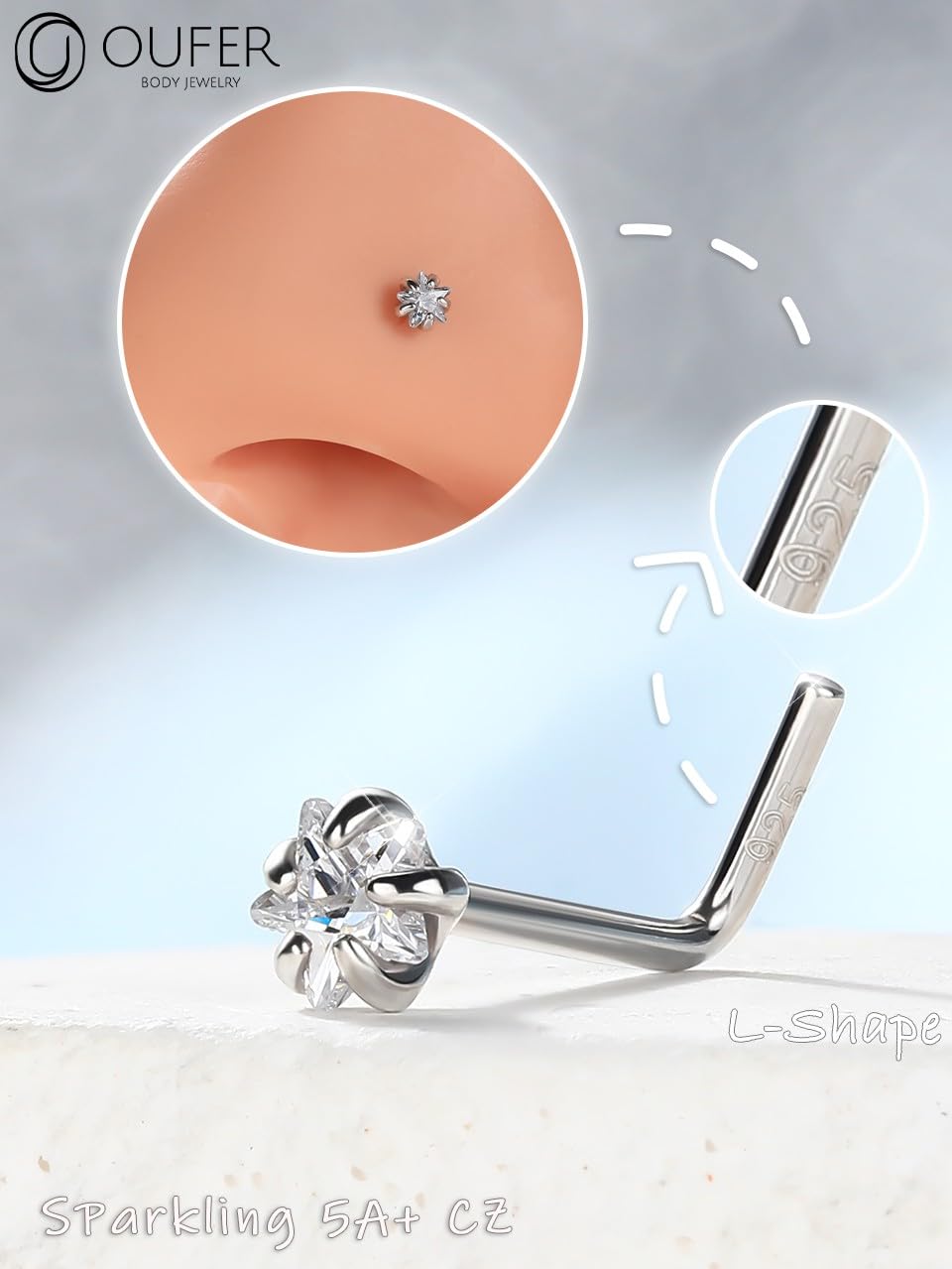 OUFER 925 Sterling Silver Nose Studs, L Shaped Nose Rings Studs, 20G Nostril Solid 3mm Star CZ Nose Piercing Jewelry, Nose Studs For Women Men (L - 3mm Star)