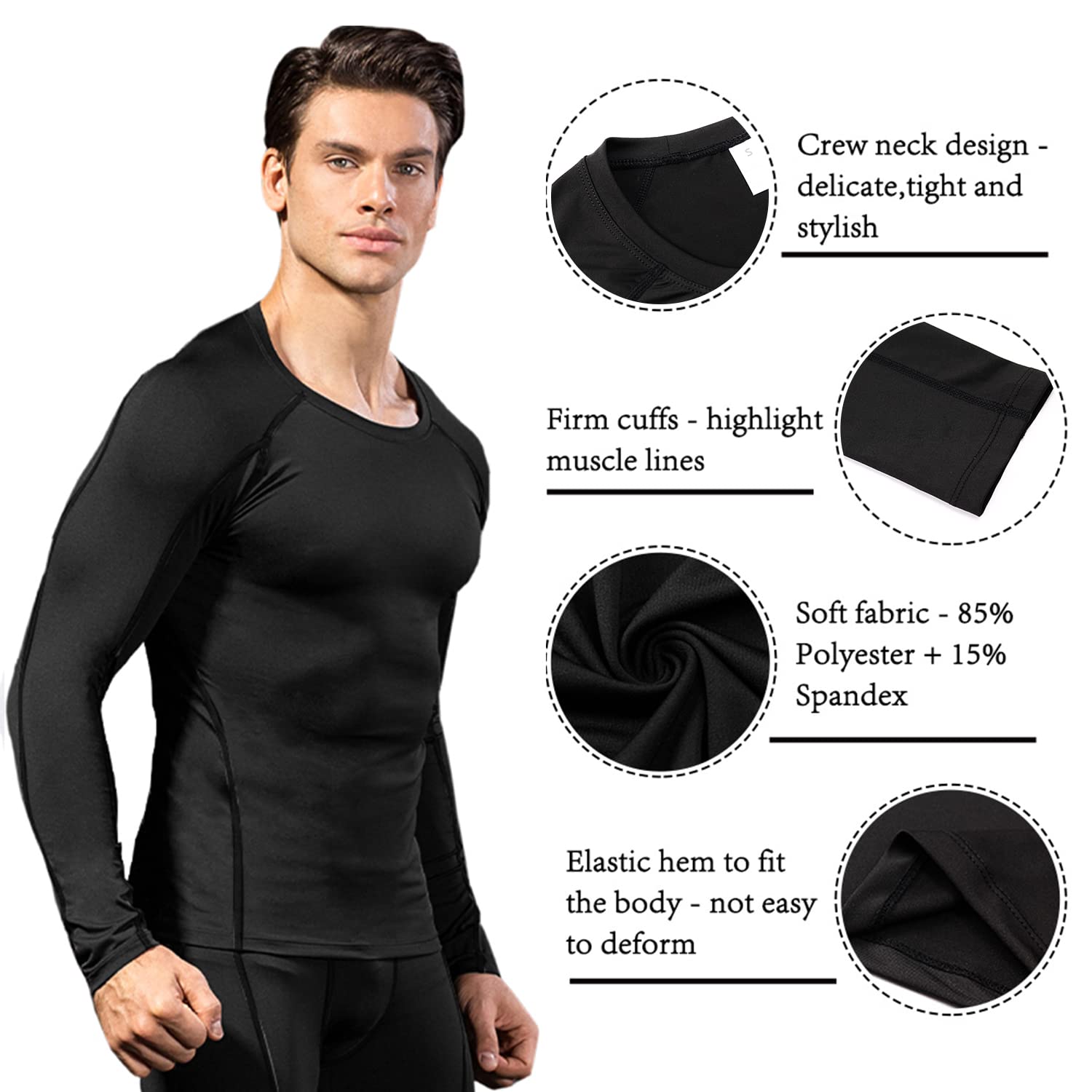 WRAGCFM Men's Long Sleeve Compression Shirts, Athletic Running T-Shirt Cool Dry Workout Base Layer Top(Black,L)