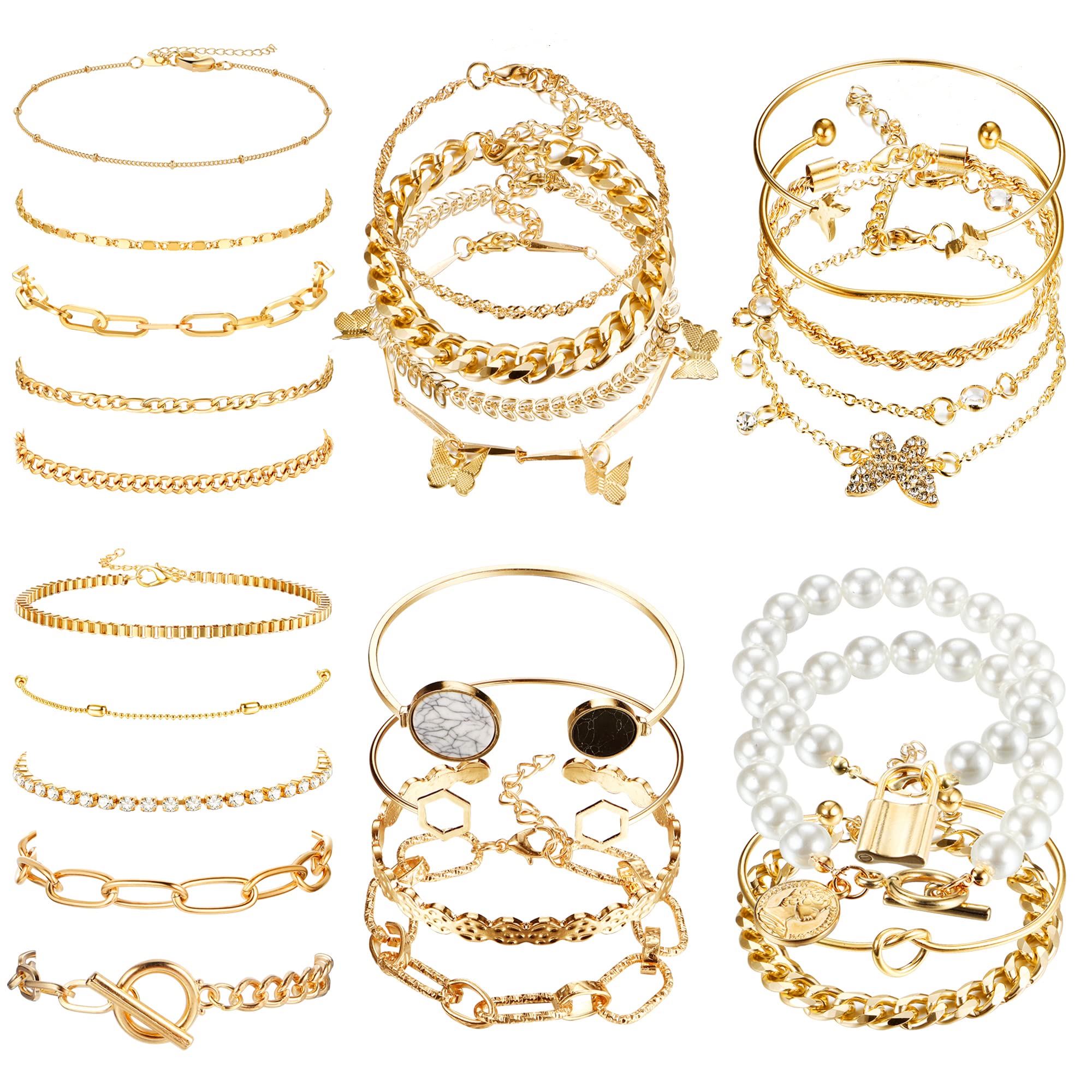 YADOCA 27Pcs Gold Stackable Chain Bracelets Set For Women 14K Gold Plated Boho Dainty Multiple Layered Stackable Open Cuff Wrap Bangle Adjustable Trendy Paperclip Link Italian Cuban Jewelry For Women