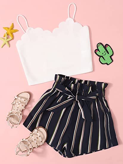 Romwe Girl's Cute 2PC Scallop Trim Cami Top & Paperbag Waist Belted Shorts Summer Set Stripe Blue 7Y