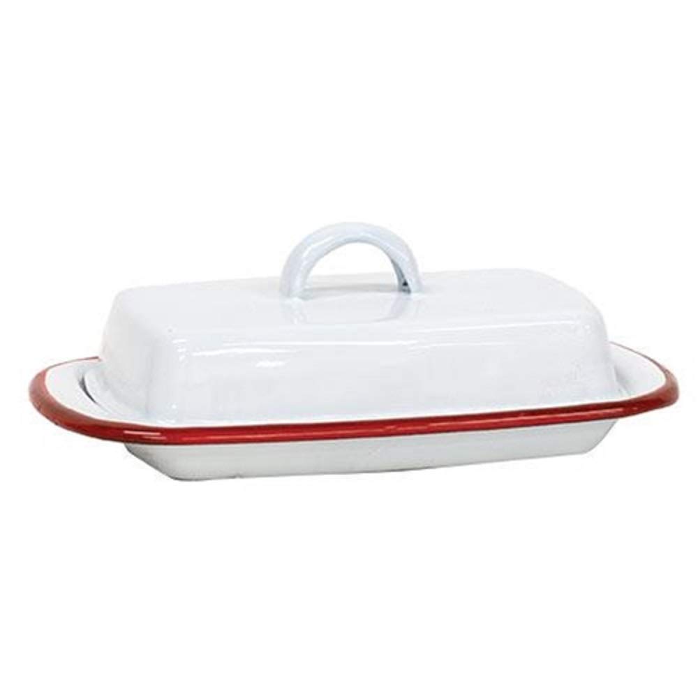 Vintage Farmhouse Red Rim Enamel Butter Dish