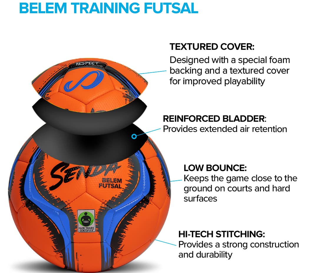 SENDA Belem Training Futsal Ball, Fair Trade Certified, Orange/Blue/Grey/Black, Size 4 (Ages 13 & Up)