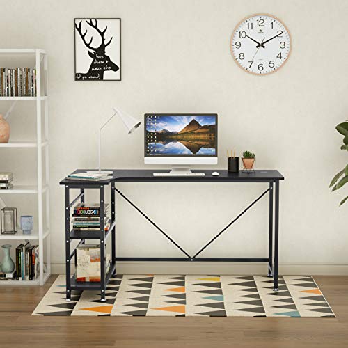 SEISSO Modern L-Shaped Computer Desk with Adjustable Storage Shelves, 55 Inch Black Corner Writing Table Workstation Pc Laptop Gaming Desk with Bookshelf for Home Office Study Bedroom Small Space