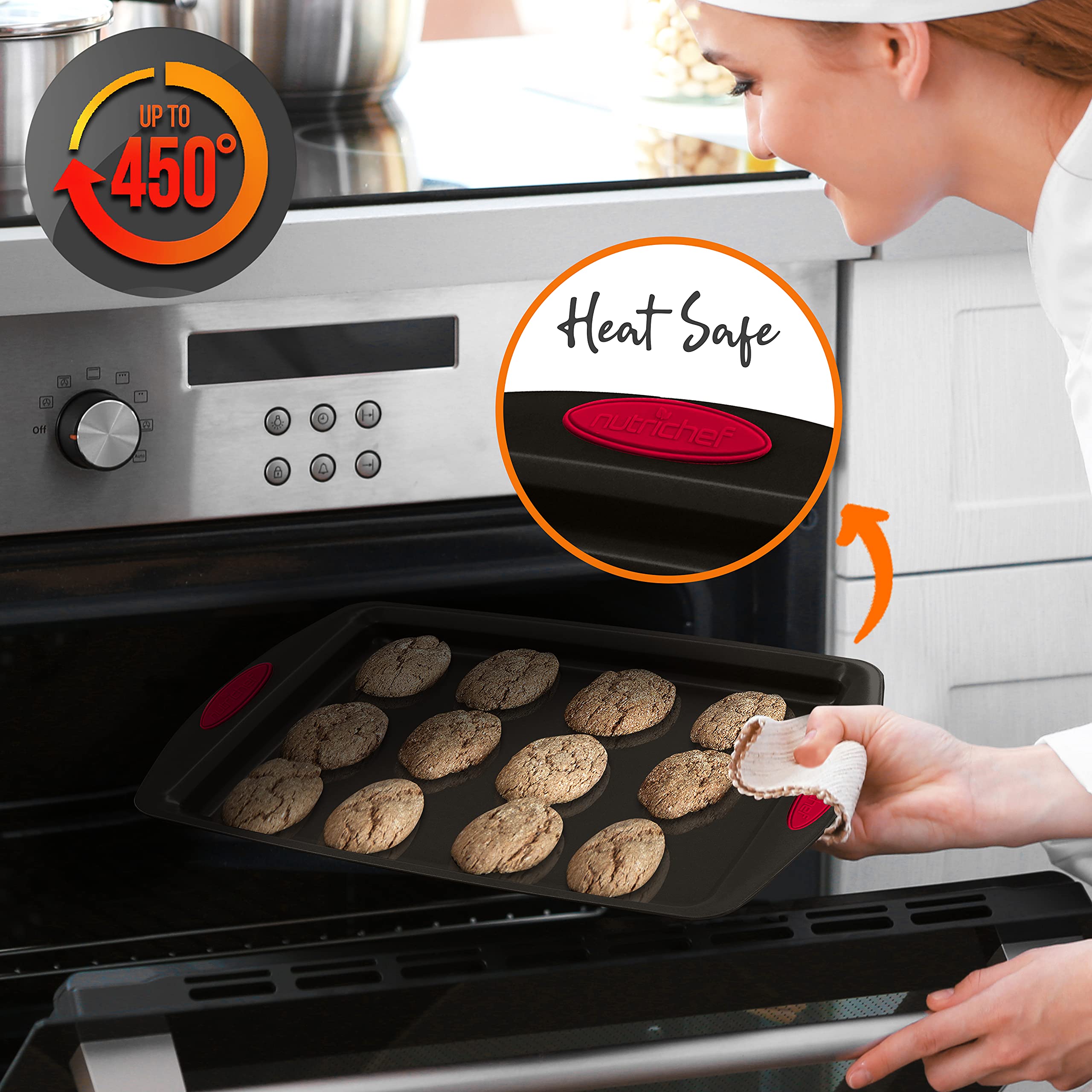 NutriChef 3-Piece Baking Pan Set - Premium Nonstick Carbon Steel Bakeware w/ Silicone Handles - Includes Large, Medium, & Small Pans for Baking & Roasting - PFOA, PFOS, PTFE Free - Gold