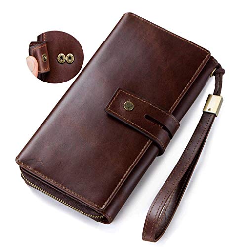 TKFDC Mens Leather Zipper Pocket Business Card Case Holder Organizer Wallet Phone Case Designer Bifold Checkbook Purse